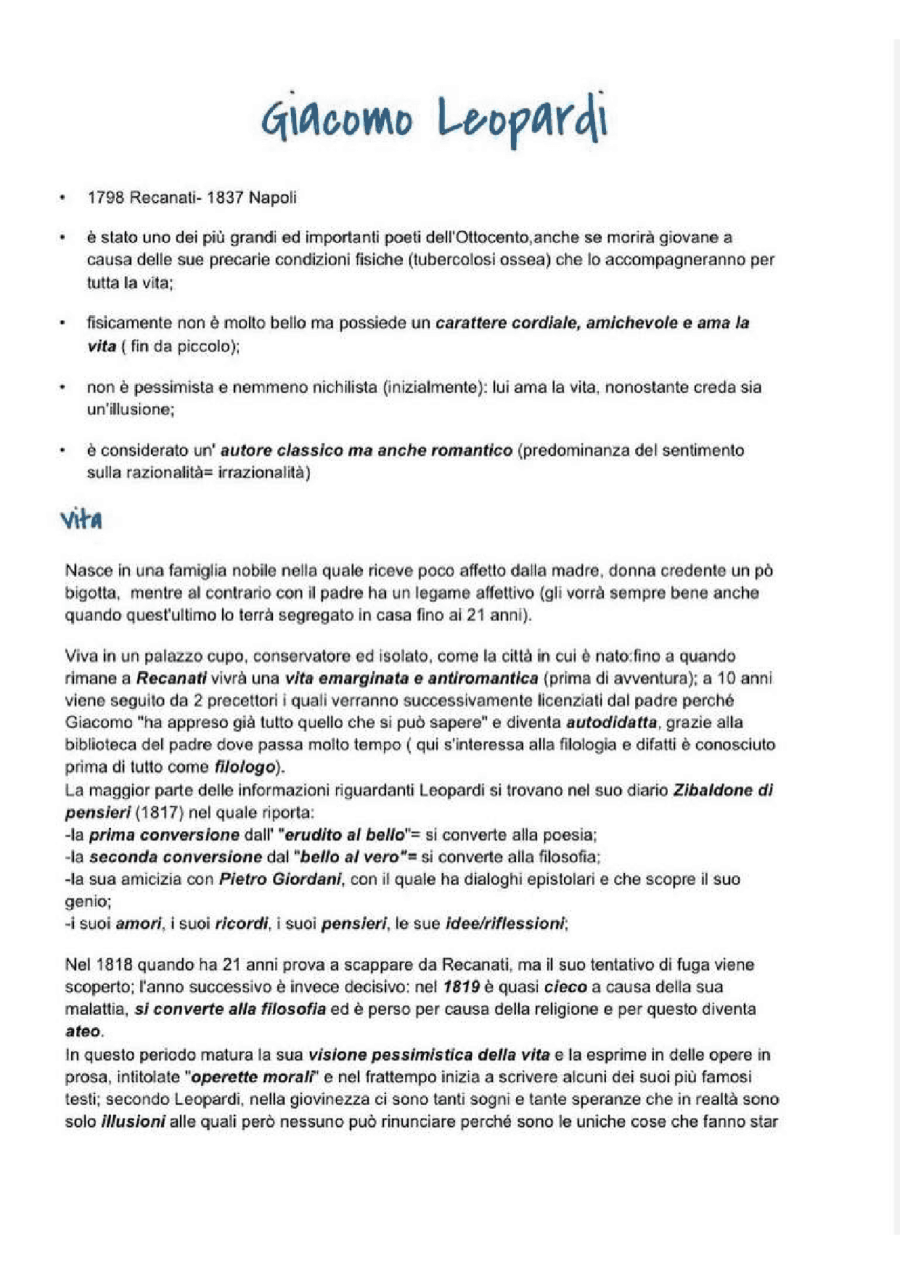 Leopardivita E Opere Schemi E Mappe Concettuali Di Italiano Docsity