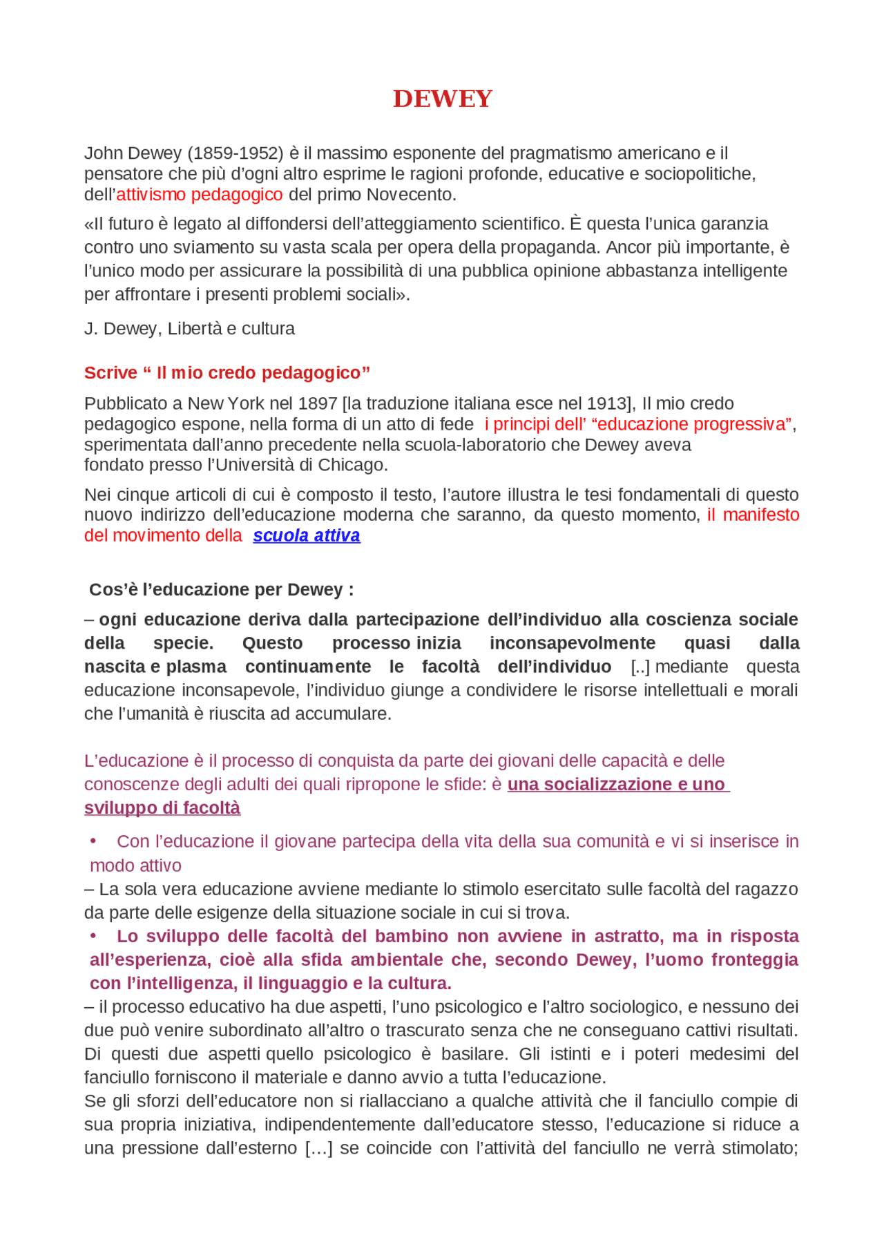 Dewey (Schema sintetico) | Schemi e mappe concettuali di Pedagogia ...