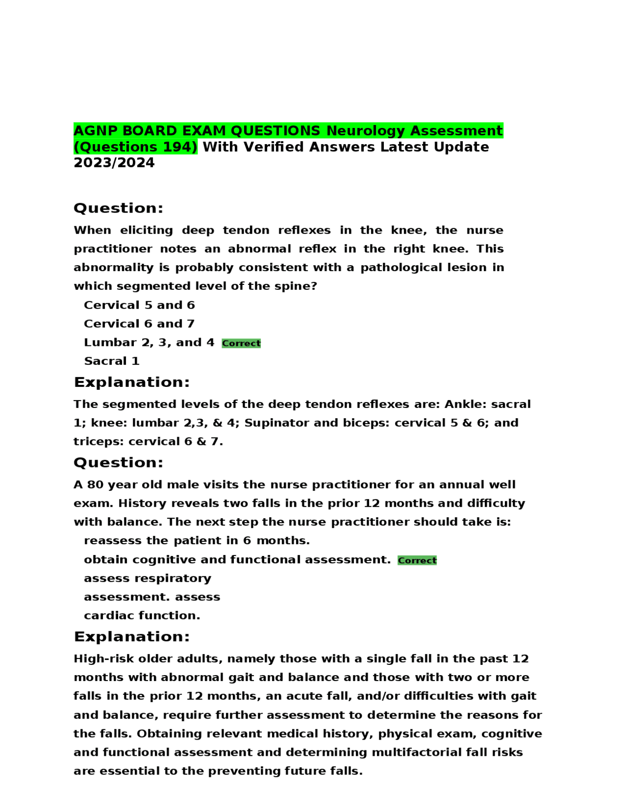 AGNP BOARD EXAM QUESTIONS Neurology Assessment (Questions 194) With ...
