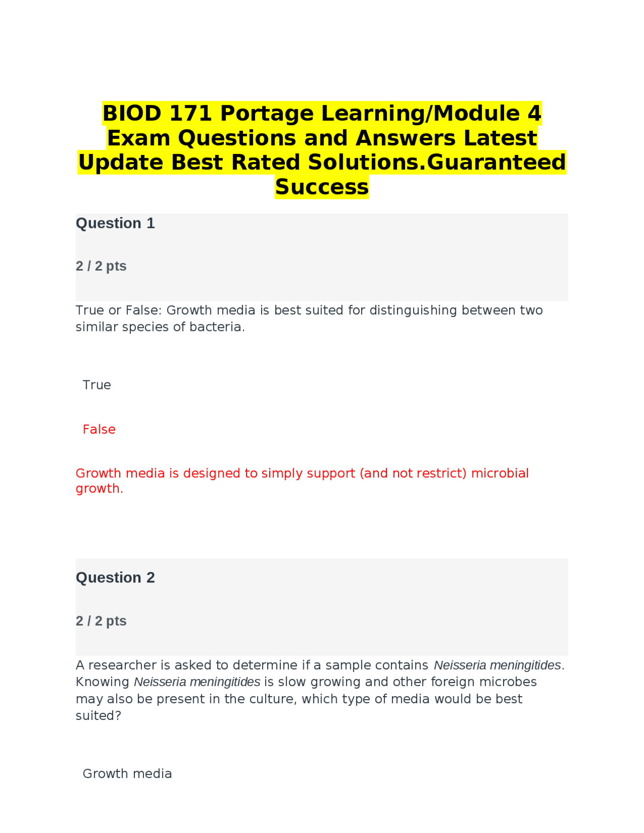 BIOD 171 Portage Learning/Module 4 Exam Questions and Answers Latest ...