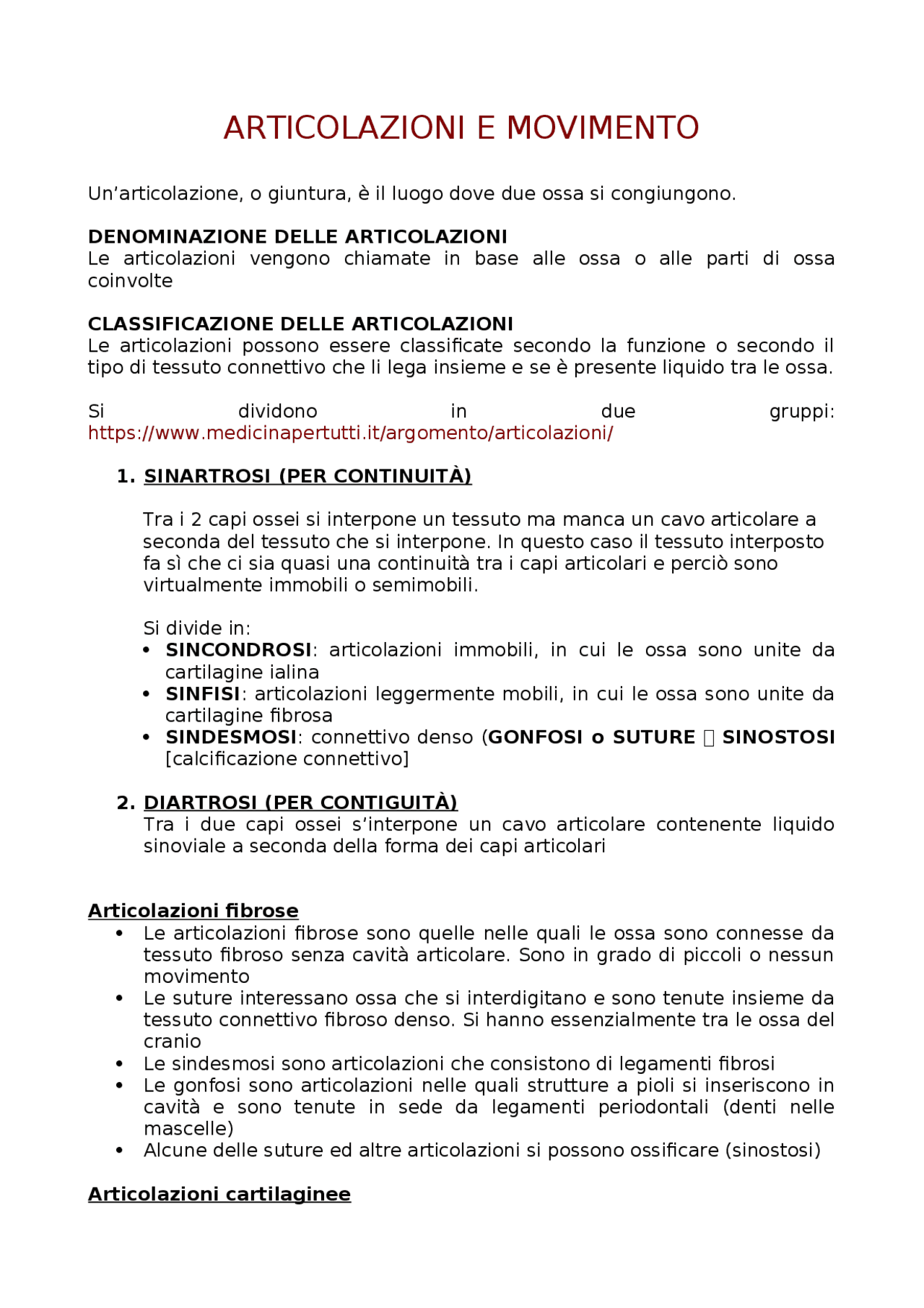 ARTICOLAZIONI e MOVIMENTO | Sbobinature di Anatomia | Docsity