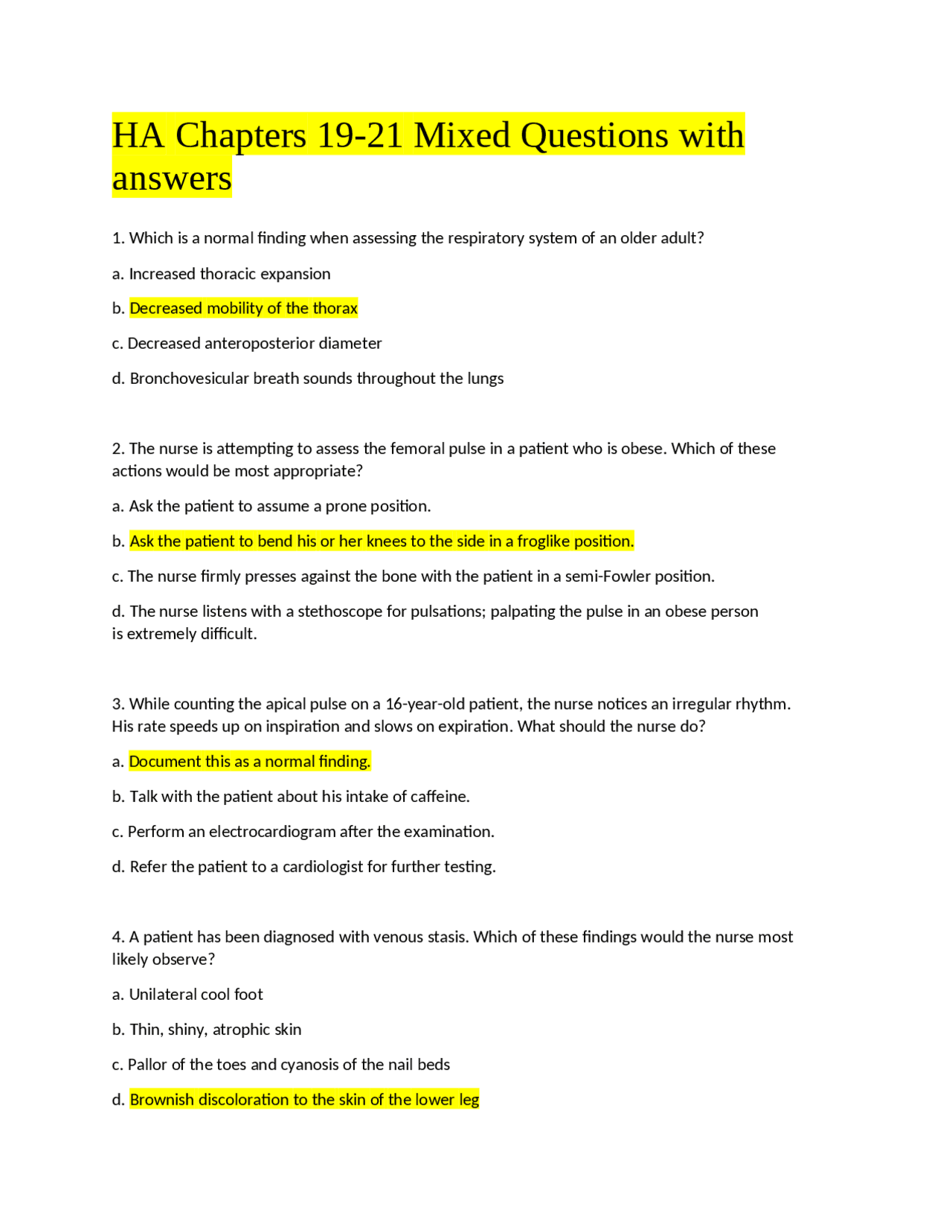 HA Chapters 19-21 Mixed Questions with answers | Exams Nursing | Docsity