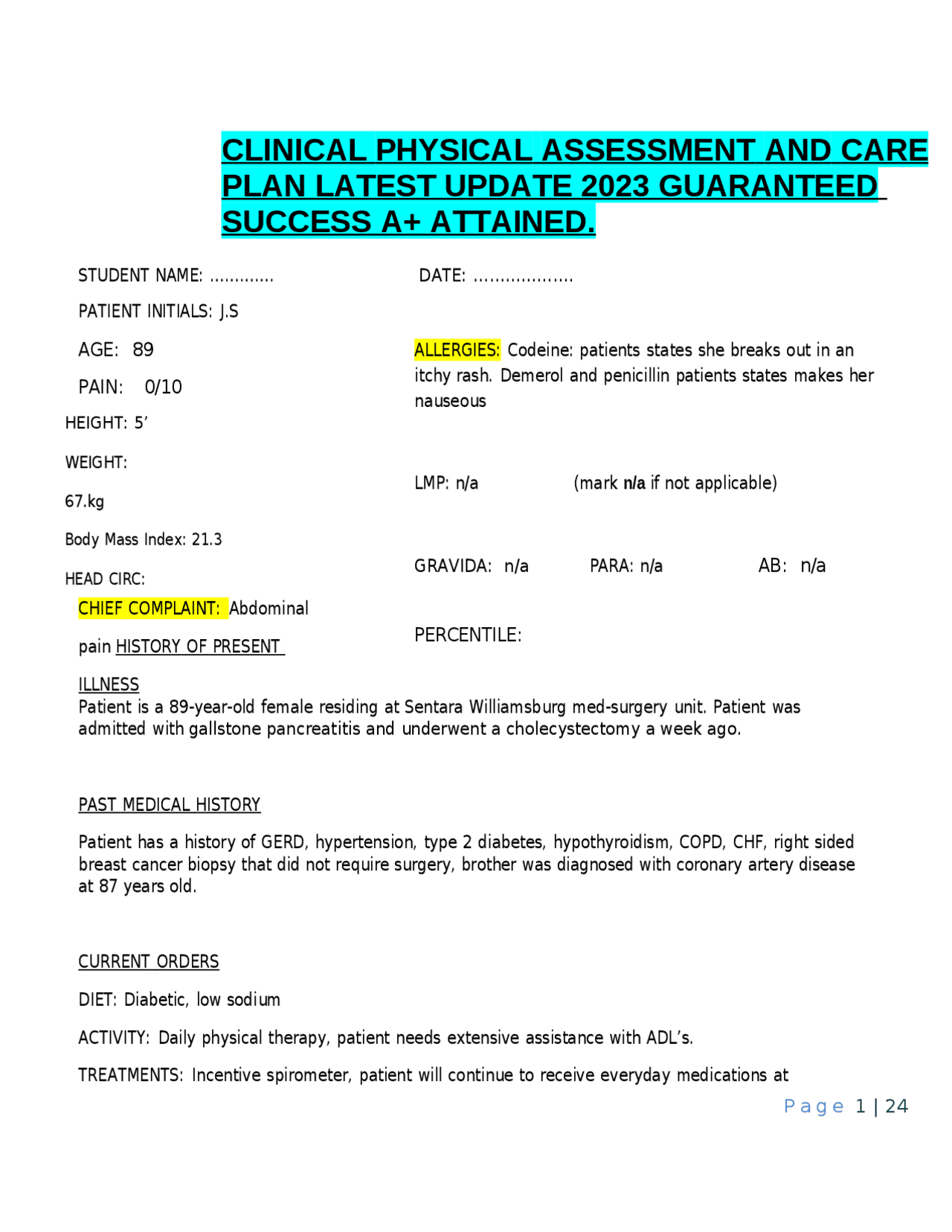 CLINICAL PHYSICAL ASSESSMENT AND CARE PLAN LATEST UPDATE 2023 ...