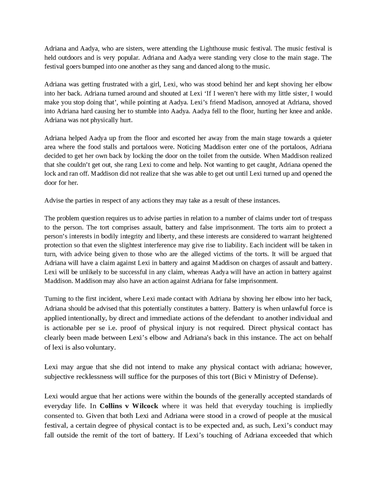 University of London, Tort Law, (model/distinction answer), Trespass to ...