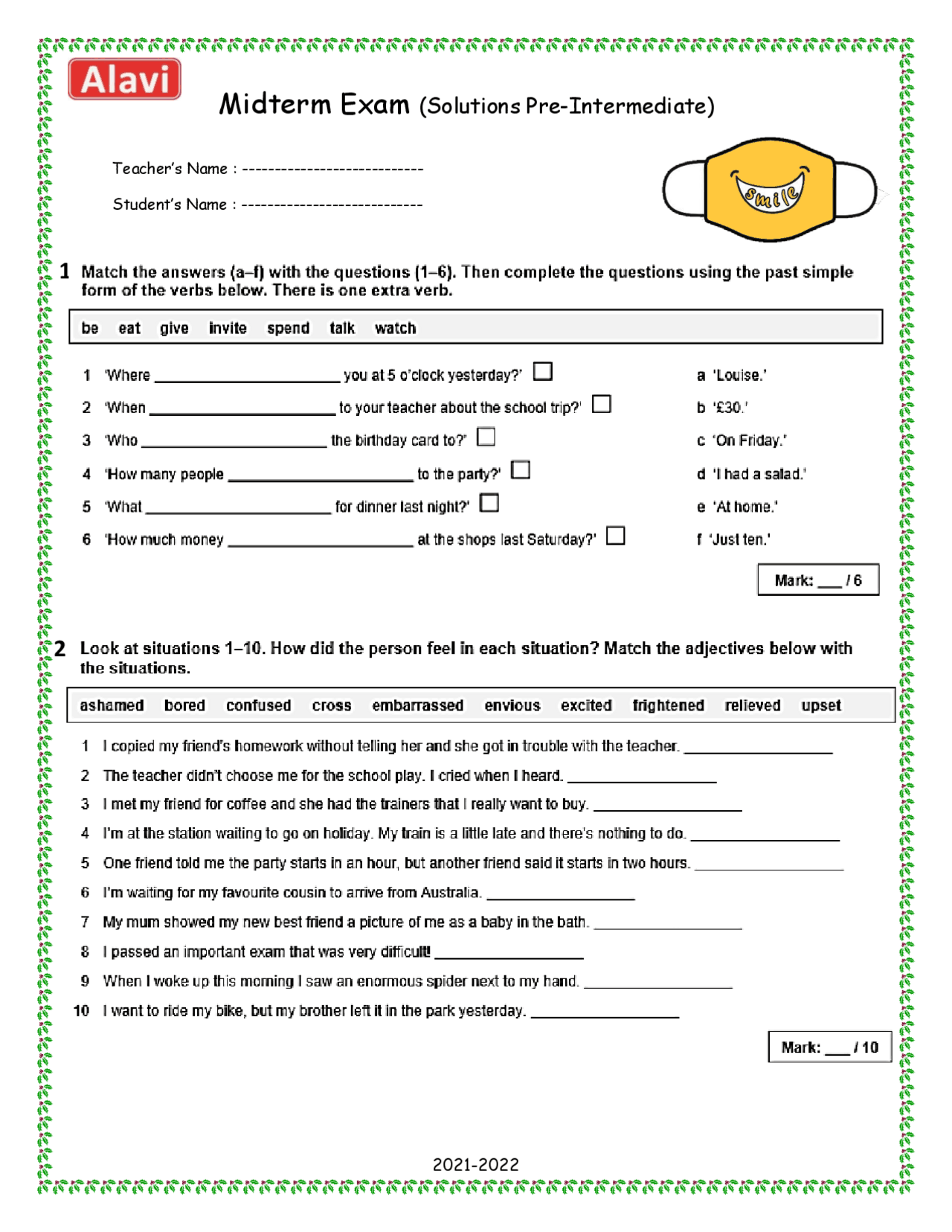 Pre-intermideate midterm exams answers | Exams English | Docsity