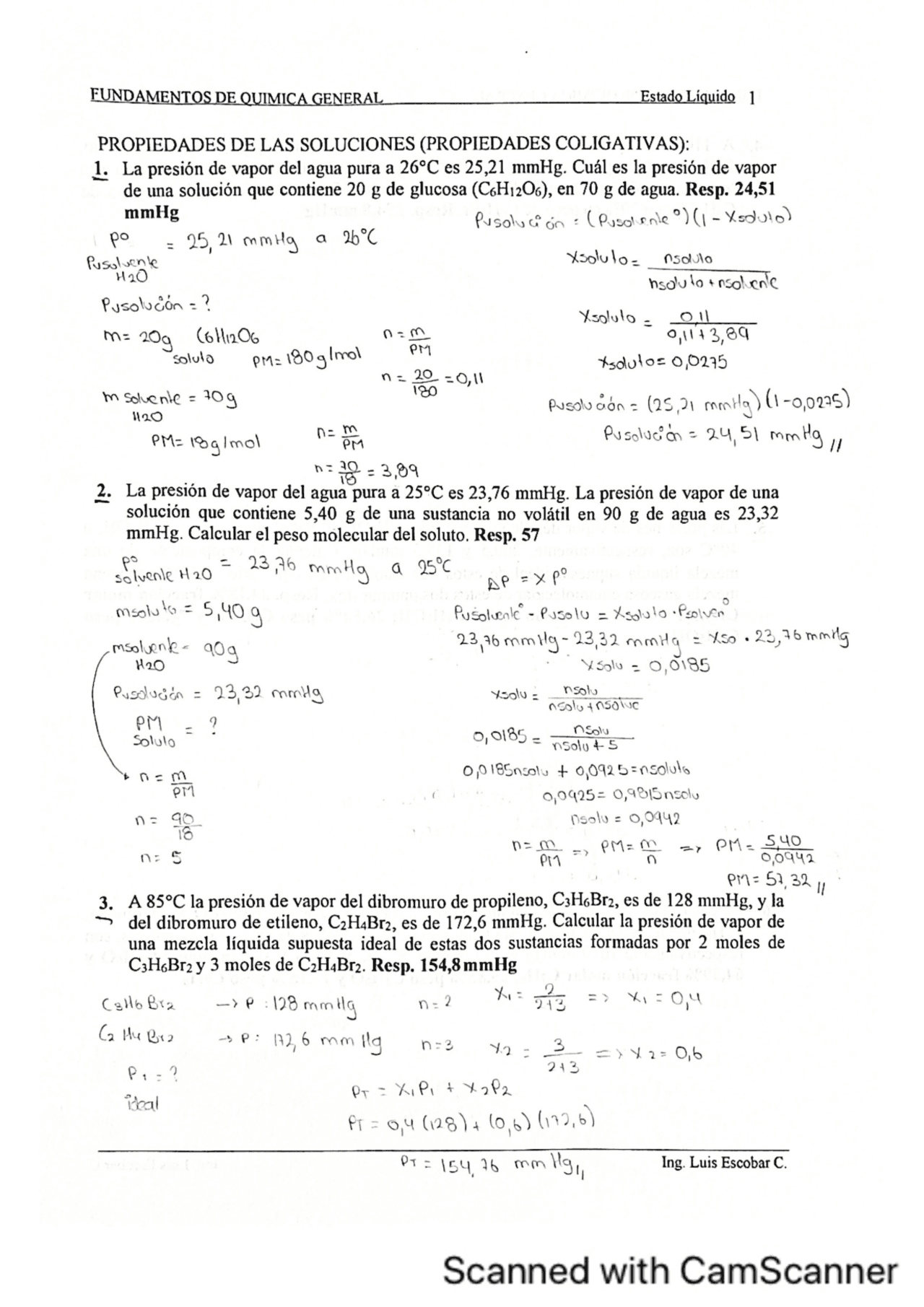 Propiedades coligativas de soluciones | Ejercicios de Química | Docsity