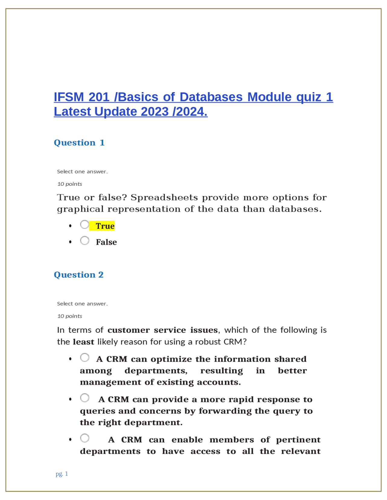 IFSM 201 /Basics of Databases Module quiz 1 Latest Update 2023 /2024 ...