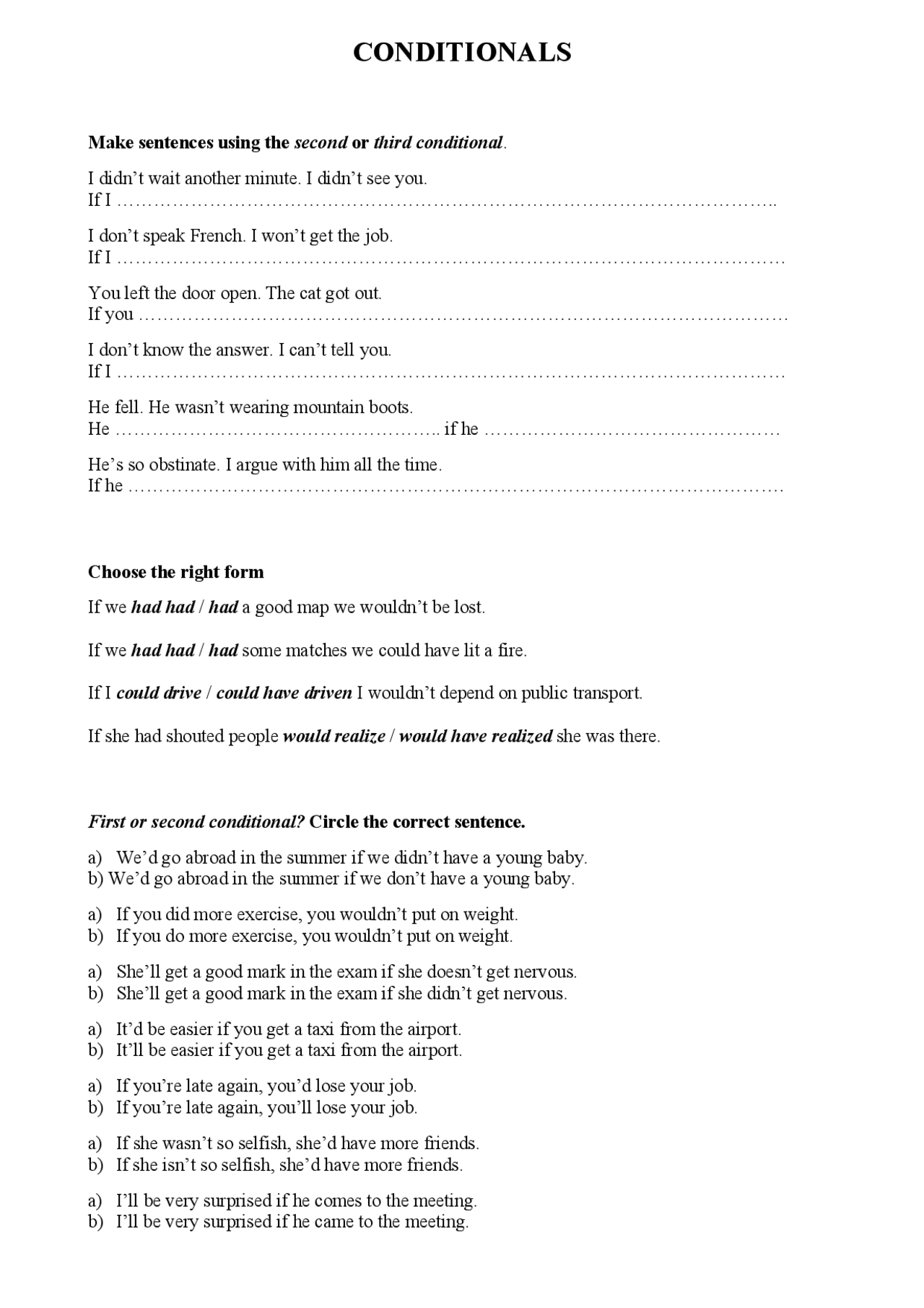 2013-14 - Esercizi 30 ottobre - Conditionals.pdf | Esercizi di Lingua Inglese | Docsity