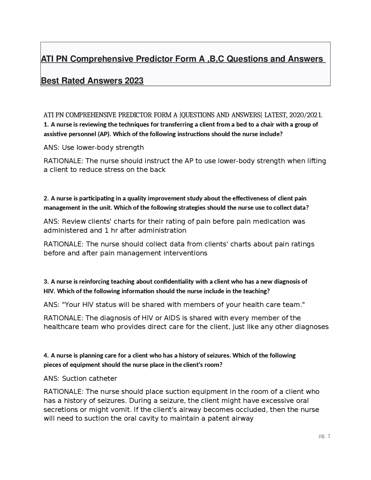 ATI PN Comprehensive Predictor Form A ,B,C Questions and Answers Best ...