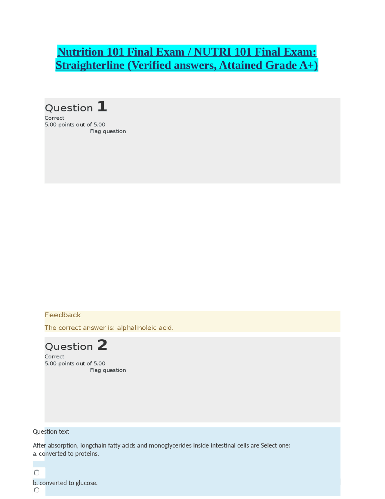 Nutrition 101 Final Exam / NUTRI 101 Final Exam: Straighterline (Verified answers, Attaine ...