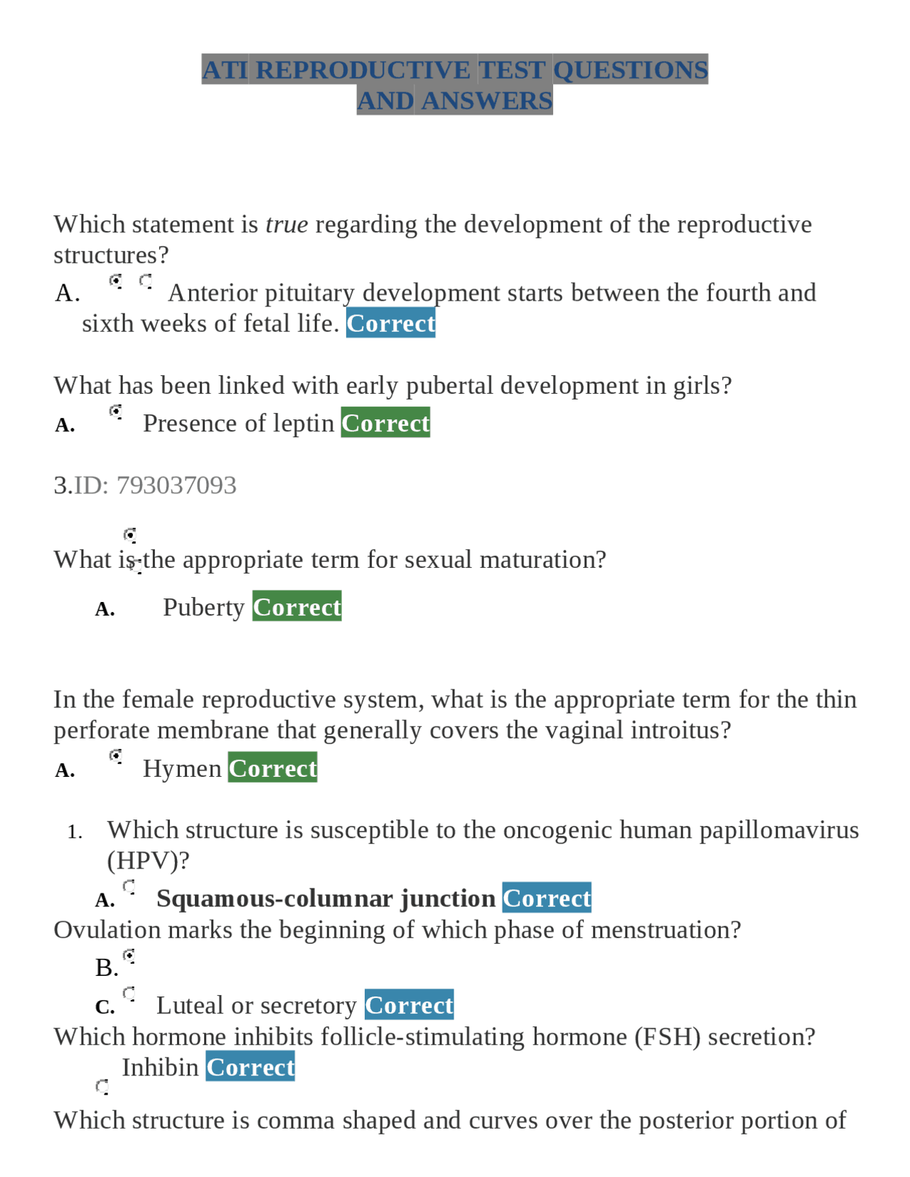 ATI REPRODUCTIVE TEST QUESTIONS AND ANSWERS | Exams Nursing | Docsity