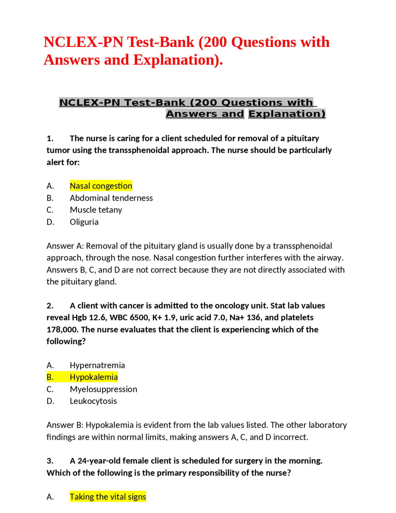 NCLEX-PN Test-Bank (200 Questions with Answers and Explanation ...