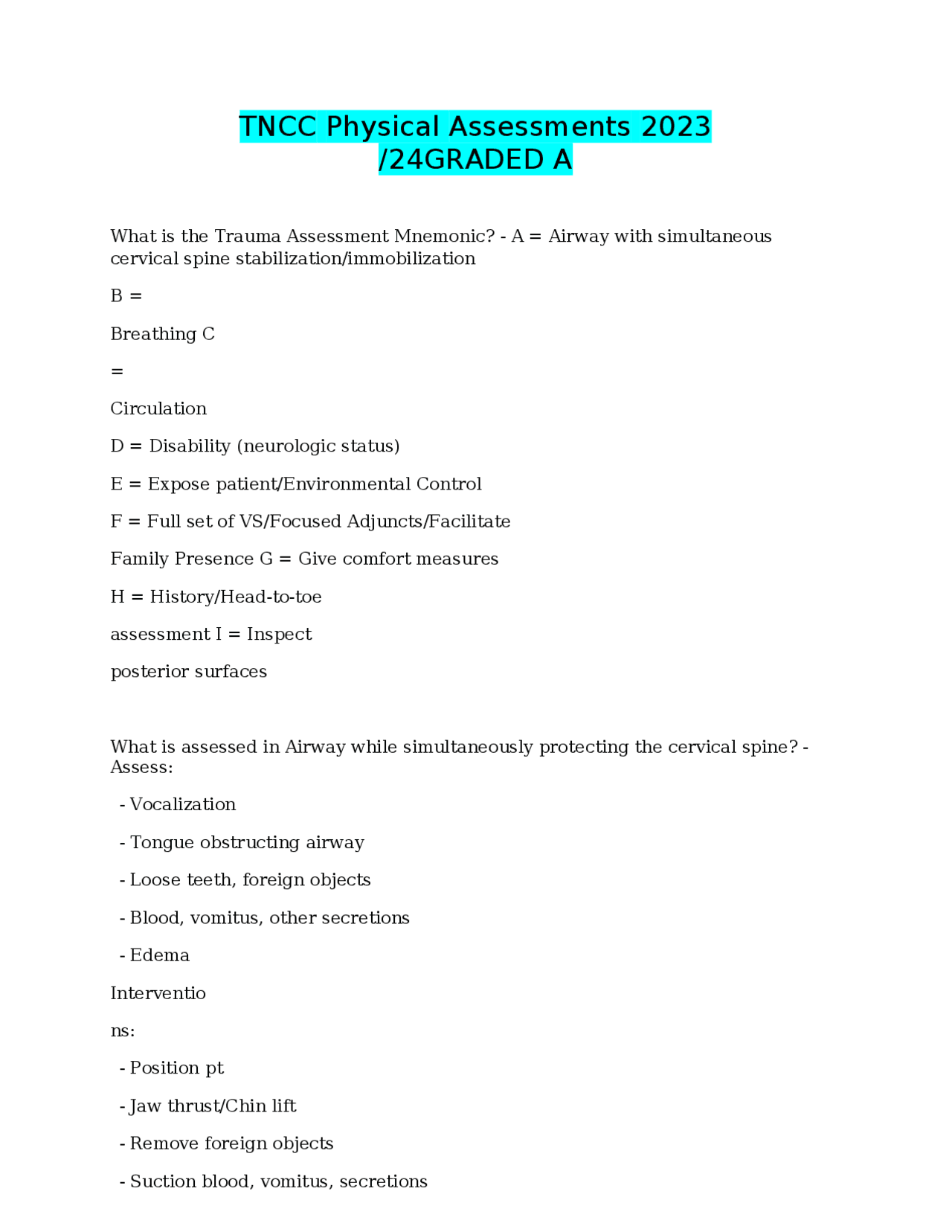 TNCC Physical Assessments 2023 /24GRADED A | Exams Nursing | Docsity