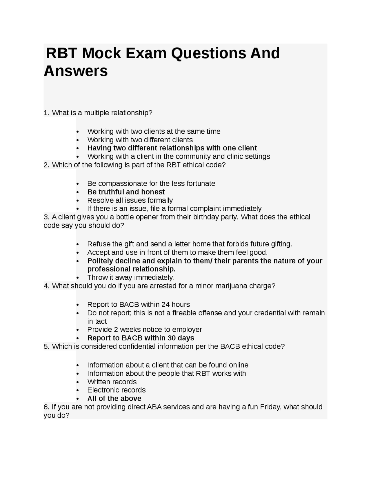 RBT Mock Exam Questions AndAnswers 2023 | Exams Nursing | Docsity