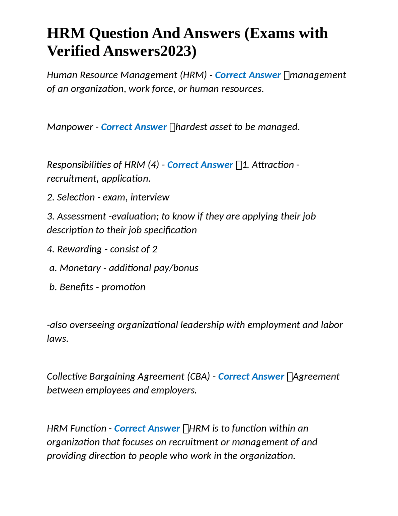 HRM Question And Answers (Exams with Verified Answers2023) | Exams ...