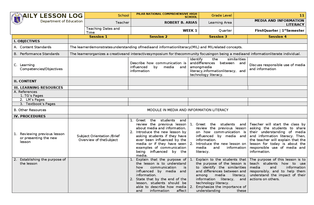 DLL Media and Information Literacy week 1 | Exercises Physical education | Docsity