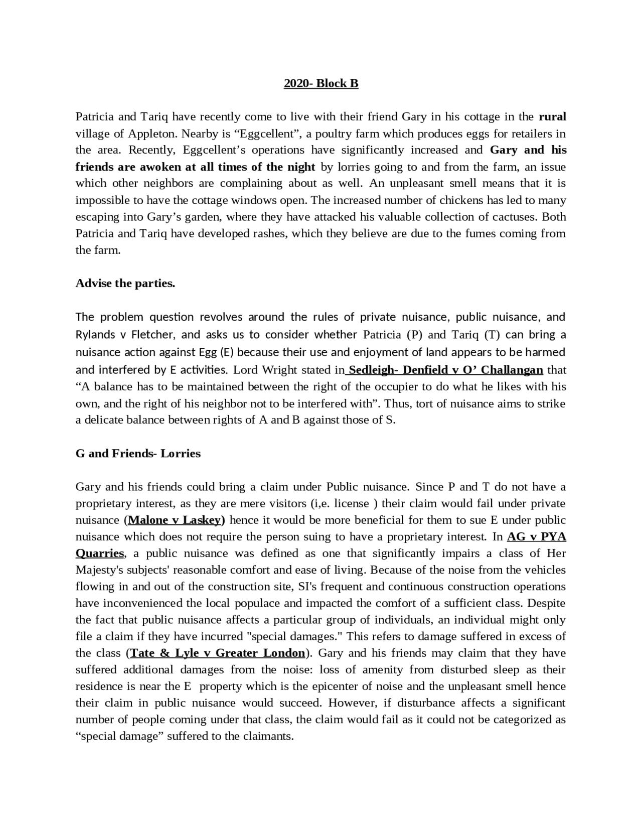 University of London, Tort Law, 2020 (model/distinction answer ...