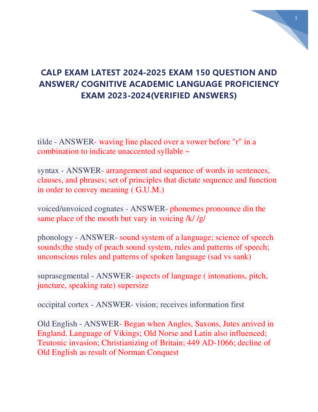 Language and Reading Exam Terminology | Exams English Language | Docsity