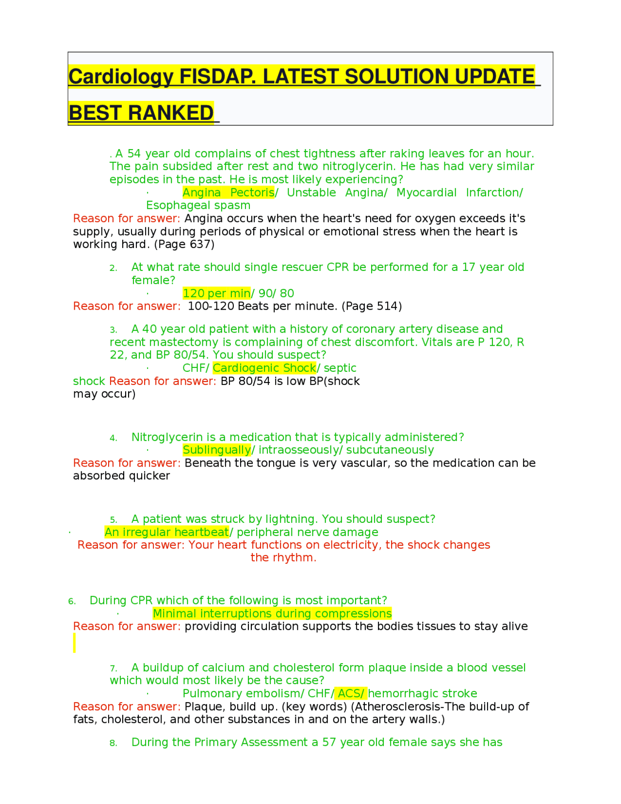 Cardiology FISDAP. LATEST SOLUTION UPDATE BEST RANKED | Exams Nursing ...