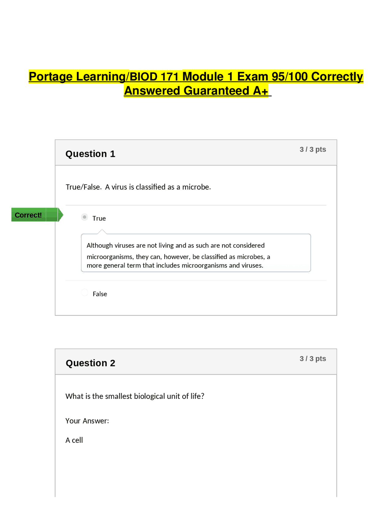 BIOD 171 Module 1 Exam | Exams Nursing | Docsity