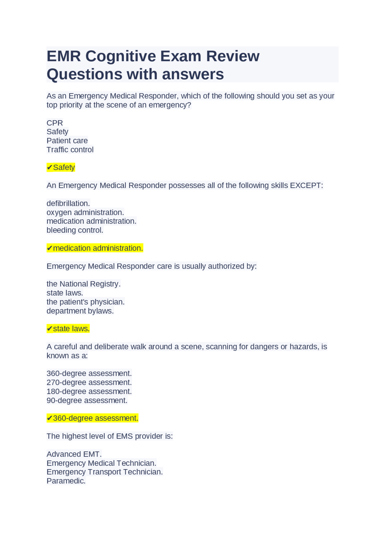Emr Cognitive Exam Review Questions With Answers Exams Nursing Docsity