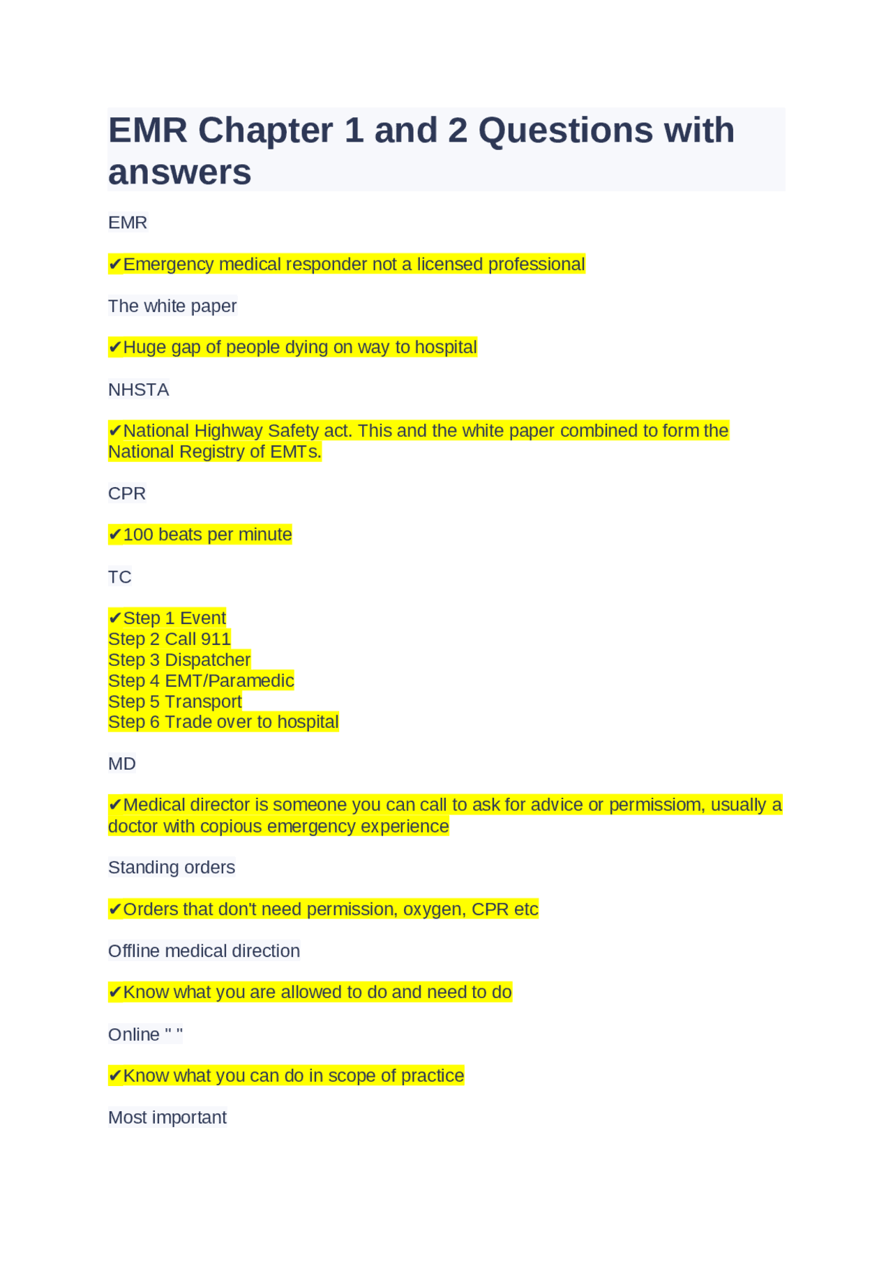 Emr Chapter 1 And 2 Questions With Answers Exams Nursing Docsity