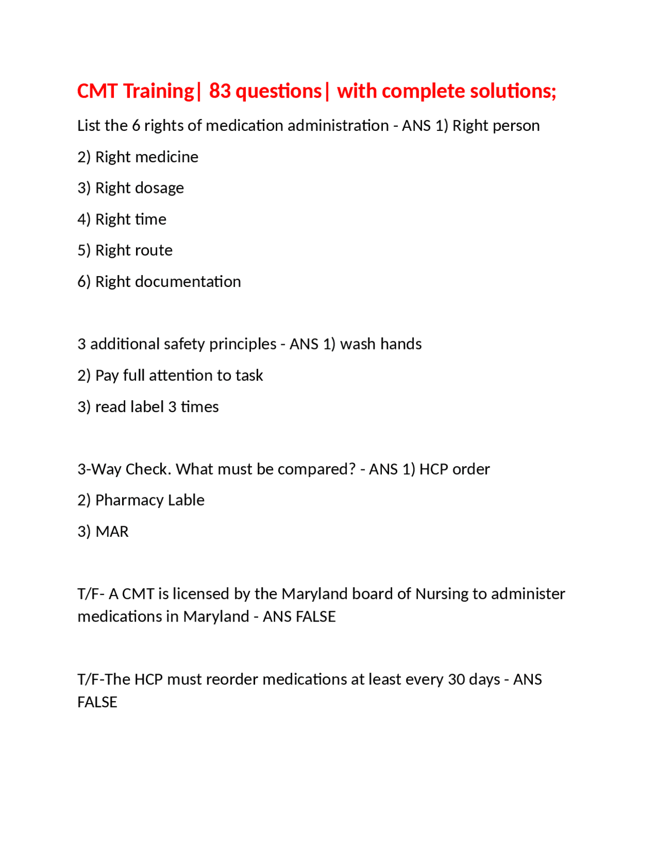 CMT Training| 83 questions| with complete solutions | Exams Nursing ...