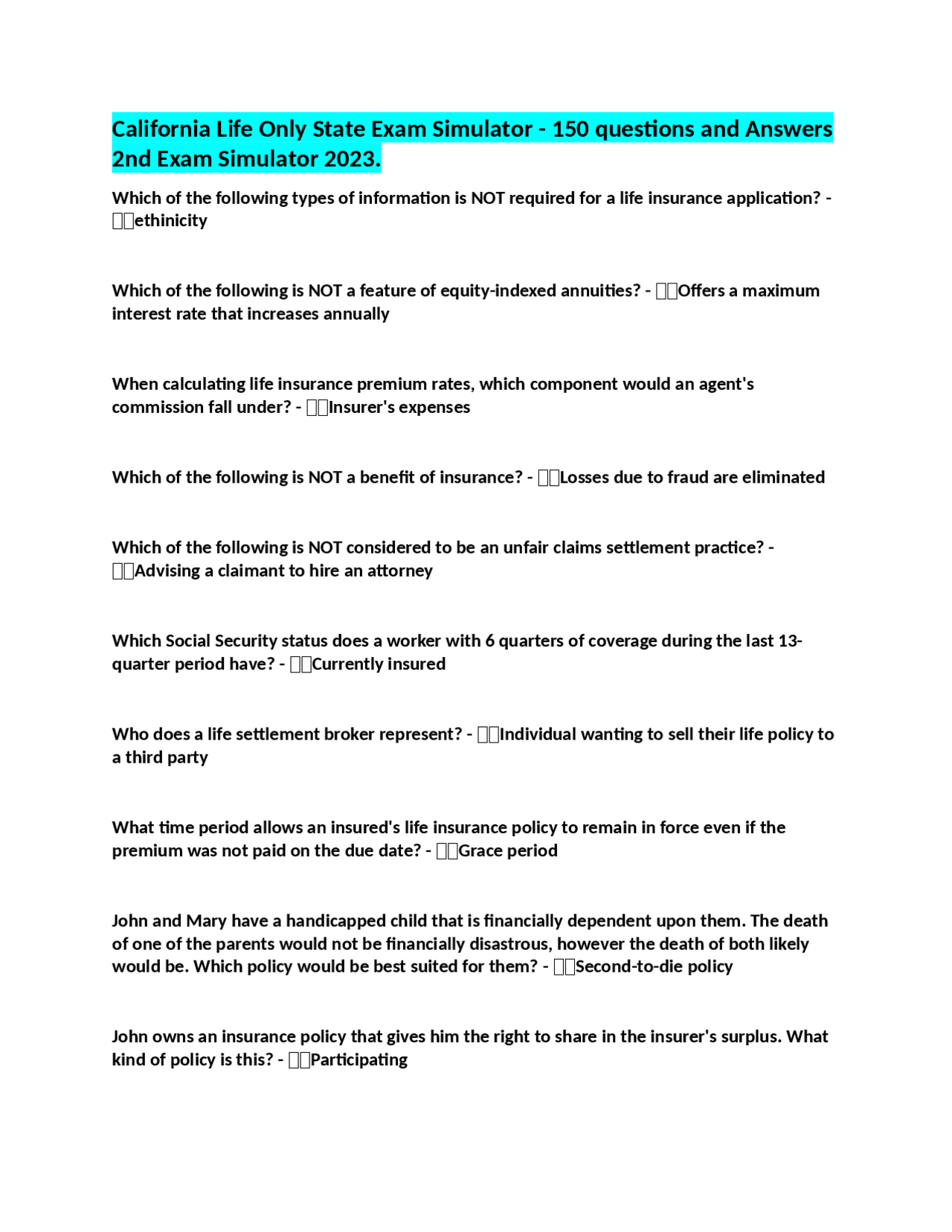 California Life Only State Exam Simulator - 150 questions and Answers ...