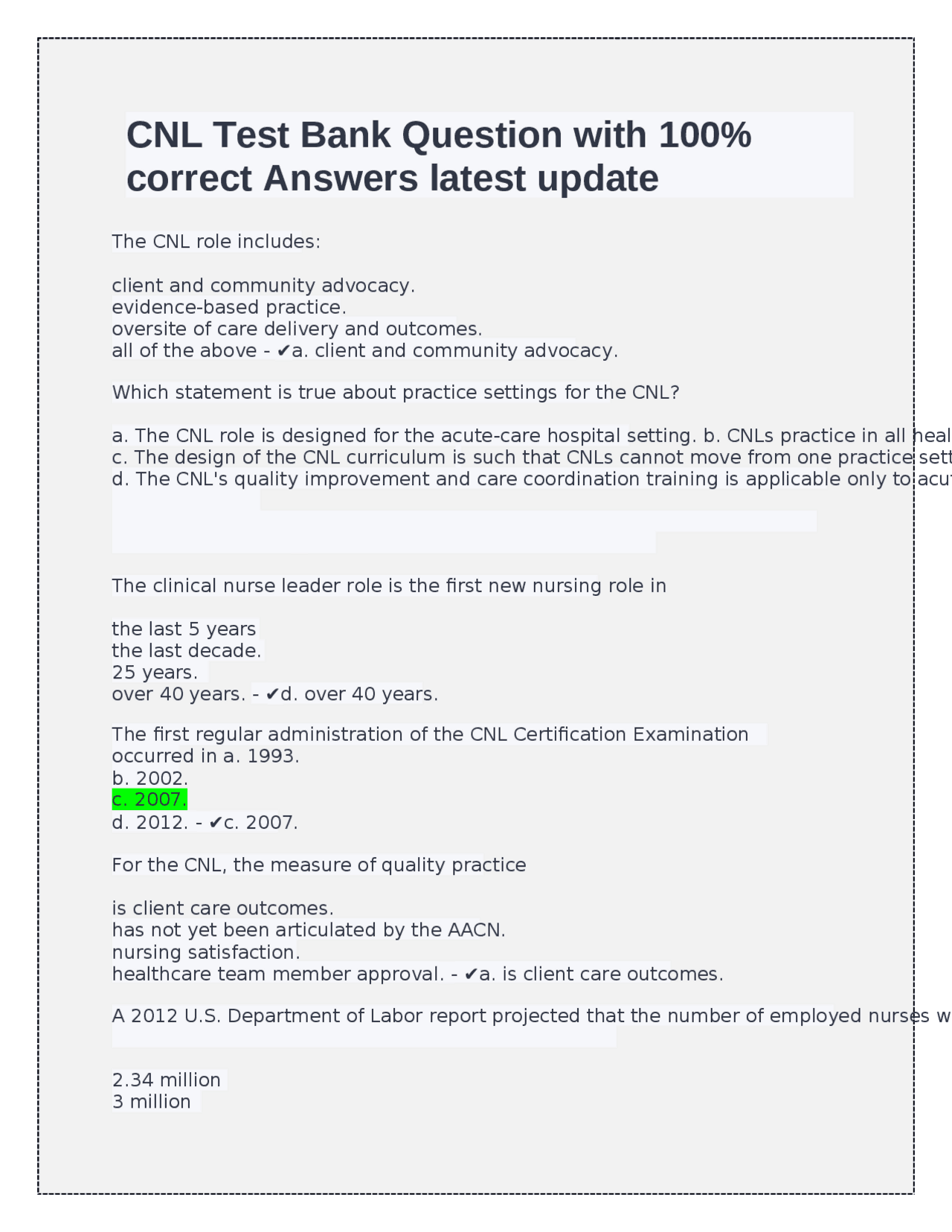 CNL Test Bank Question with 100% correct Answers latest update 2023 ...