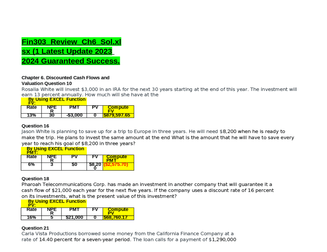 Fin303_Review_Ch6_Sol.xlsx (1 Latest Update 2023 2024 Guaranteed ...