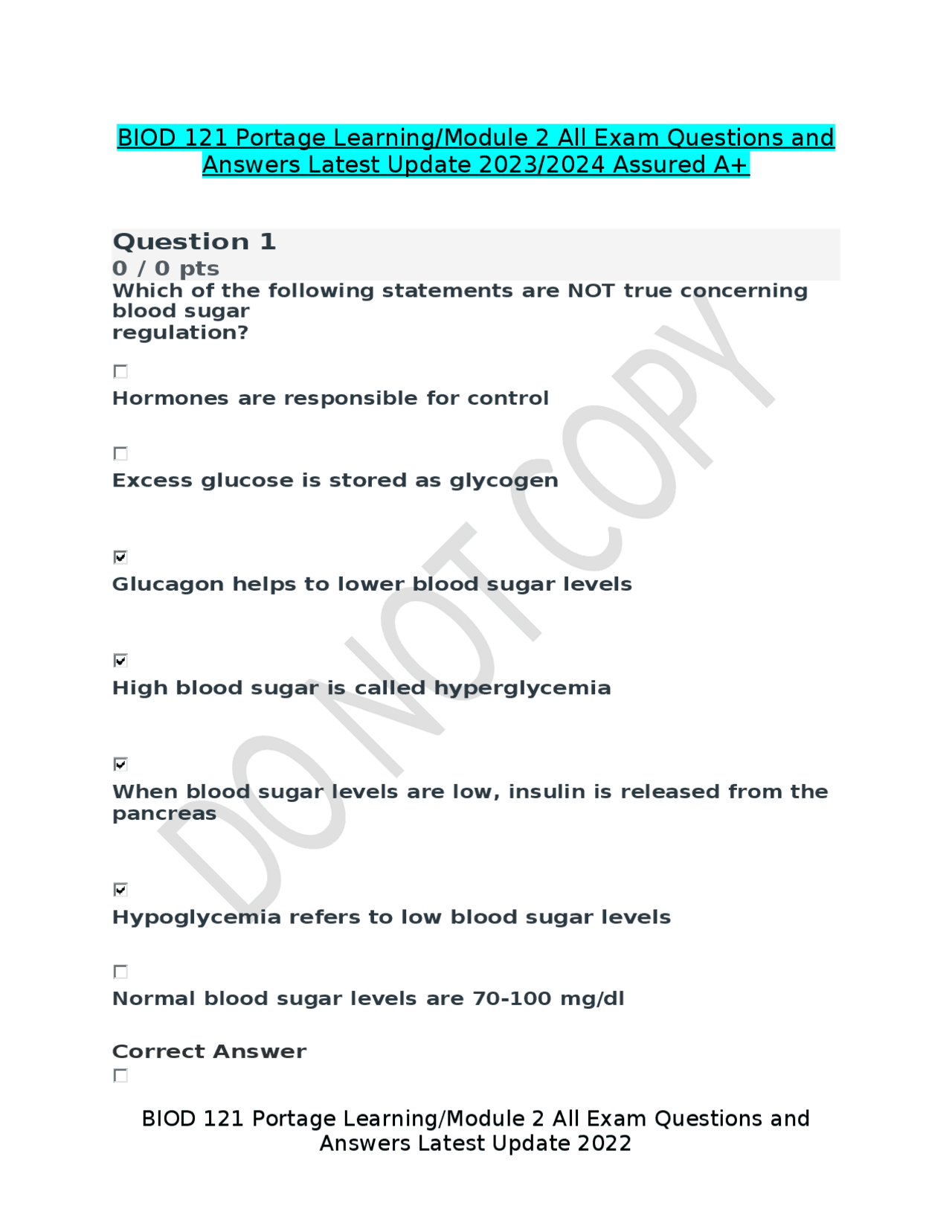 BIOD 121 Portage Learning/Module 2 All Exam Questions and Answers ...