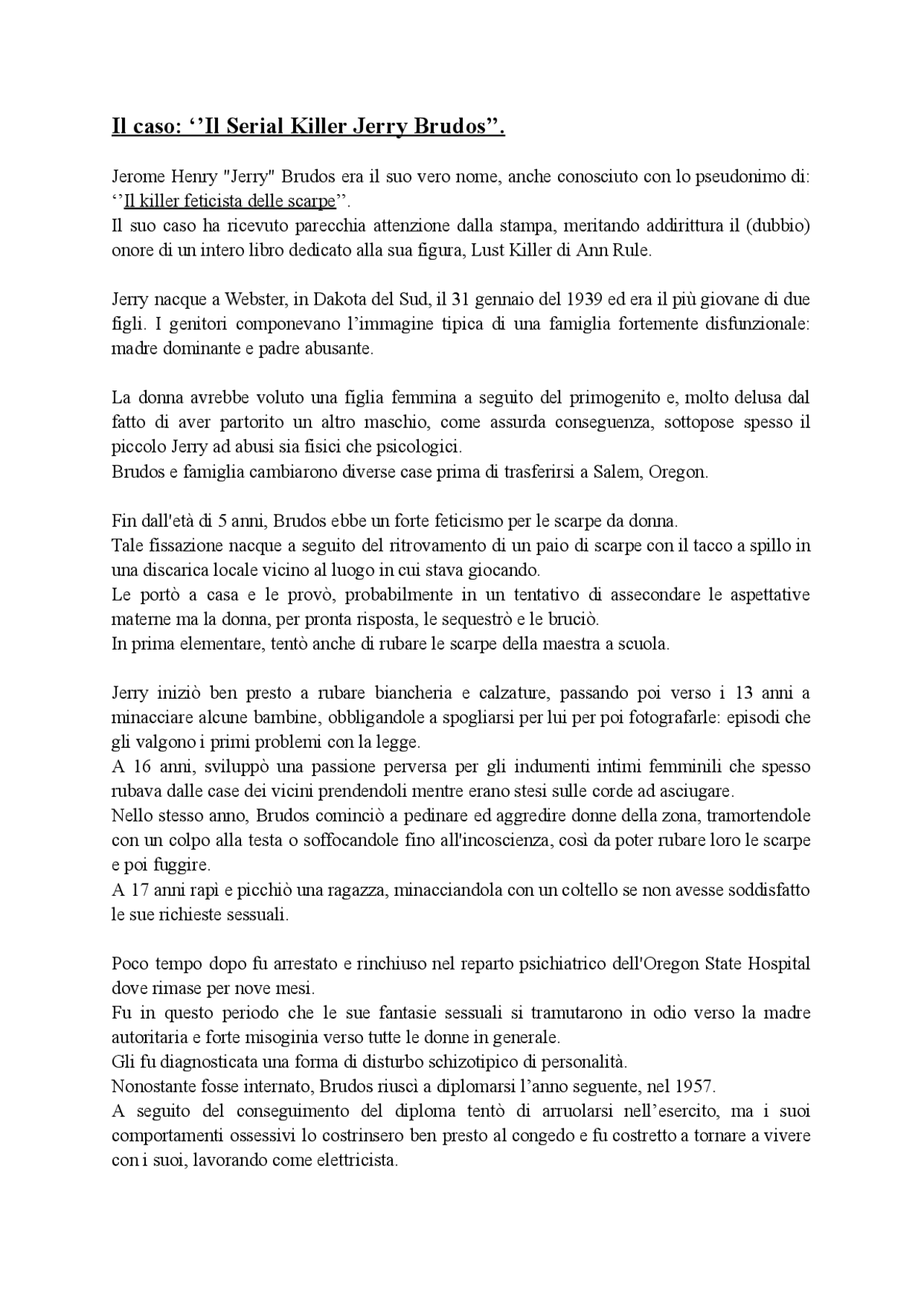 Riassunto del caso del serial killer Jerry Brudos. | Appunti di Criminologia | Docsity