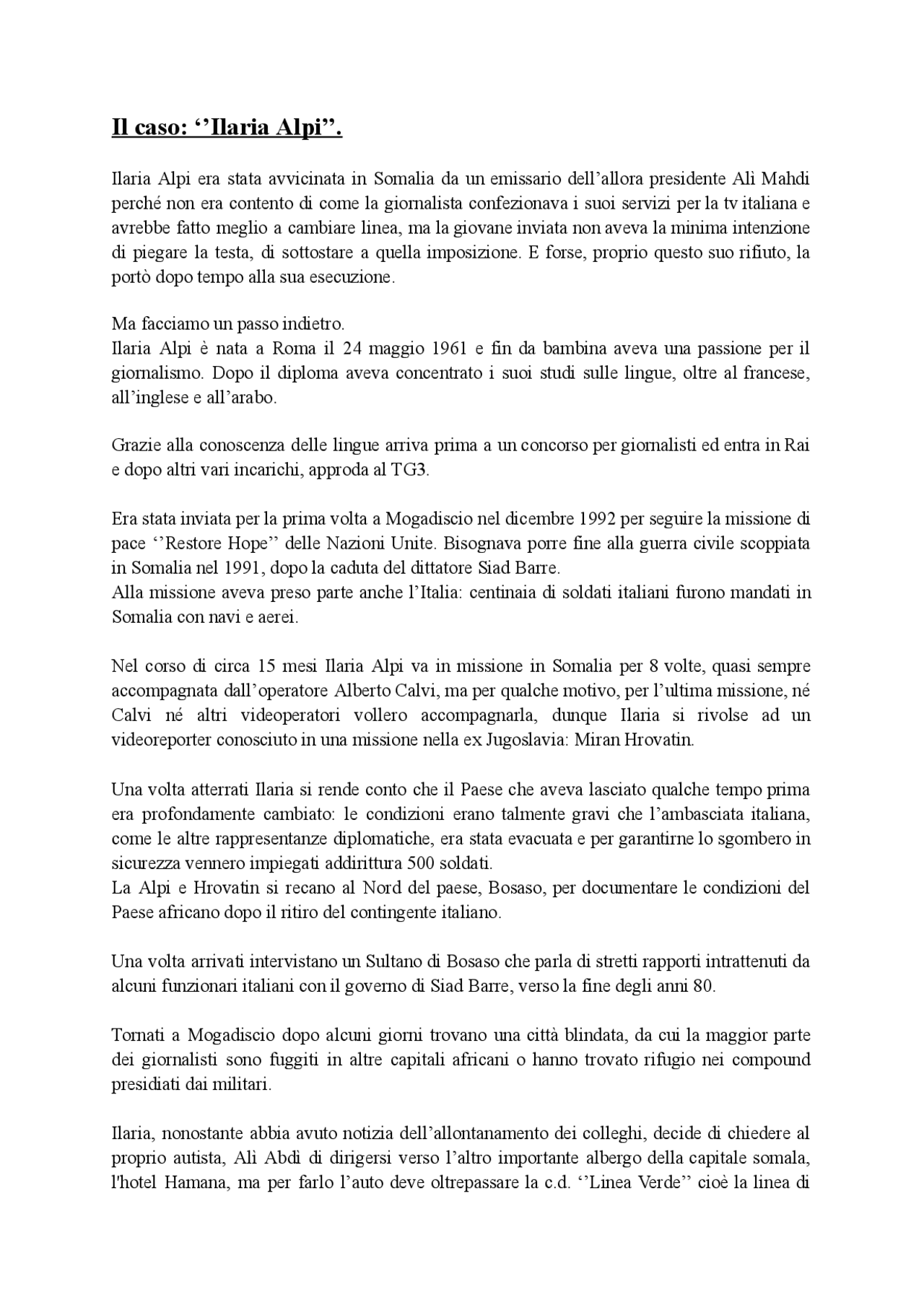 Riassunto sul caso di Ilaria Alpi. | Appunti di Criminologia | Docsity