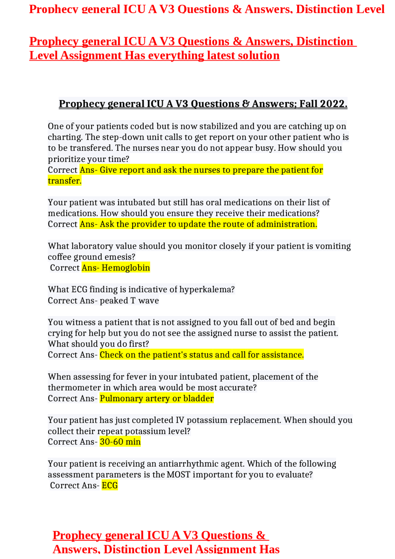 Prophecy general ICU A V3 Questions & Answers, Distinction Level ...