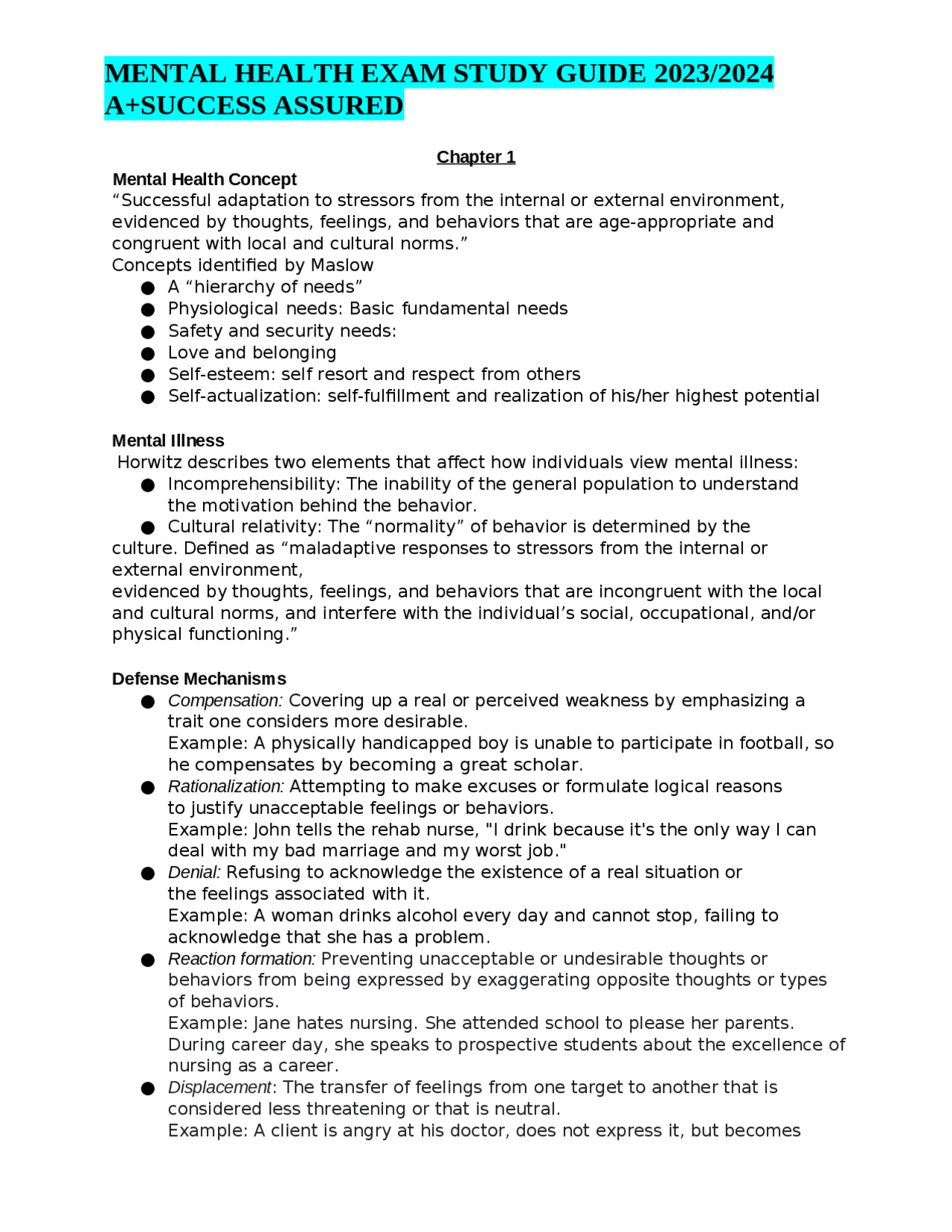 Mental Health Exam Study Guide 2023/2024 A+Success Assured | Exams ...