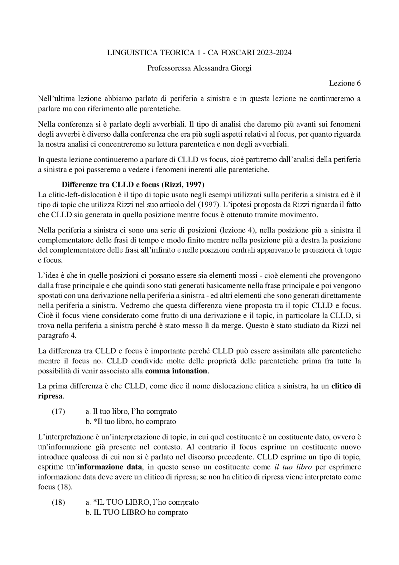 Lezione 6 di Linguistica Teorica 1 (Ca Foscari) - 2023-2024 ...