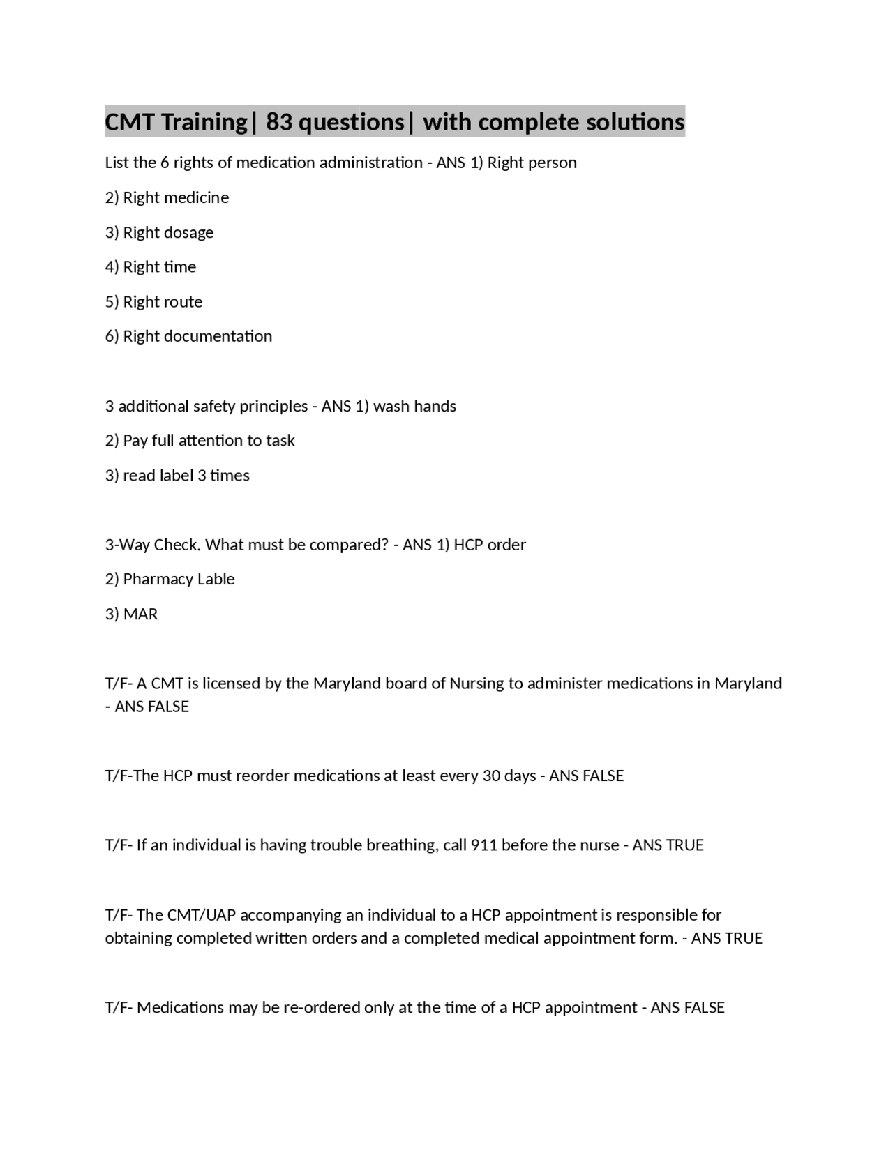 Cmt Training 83 Questions With Complete Solutions Exams Training