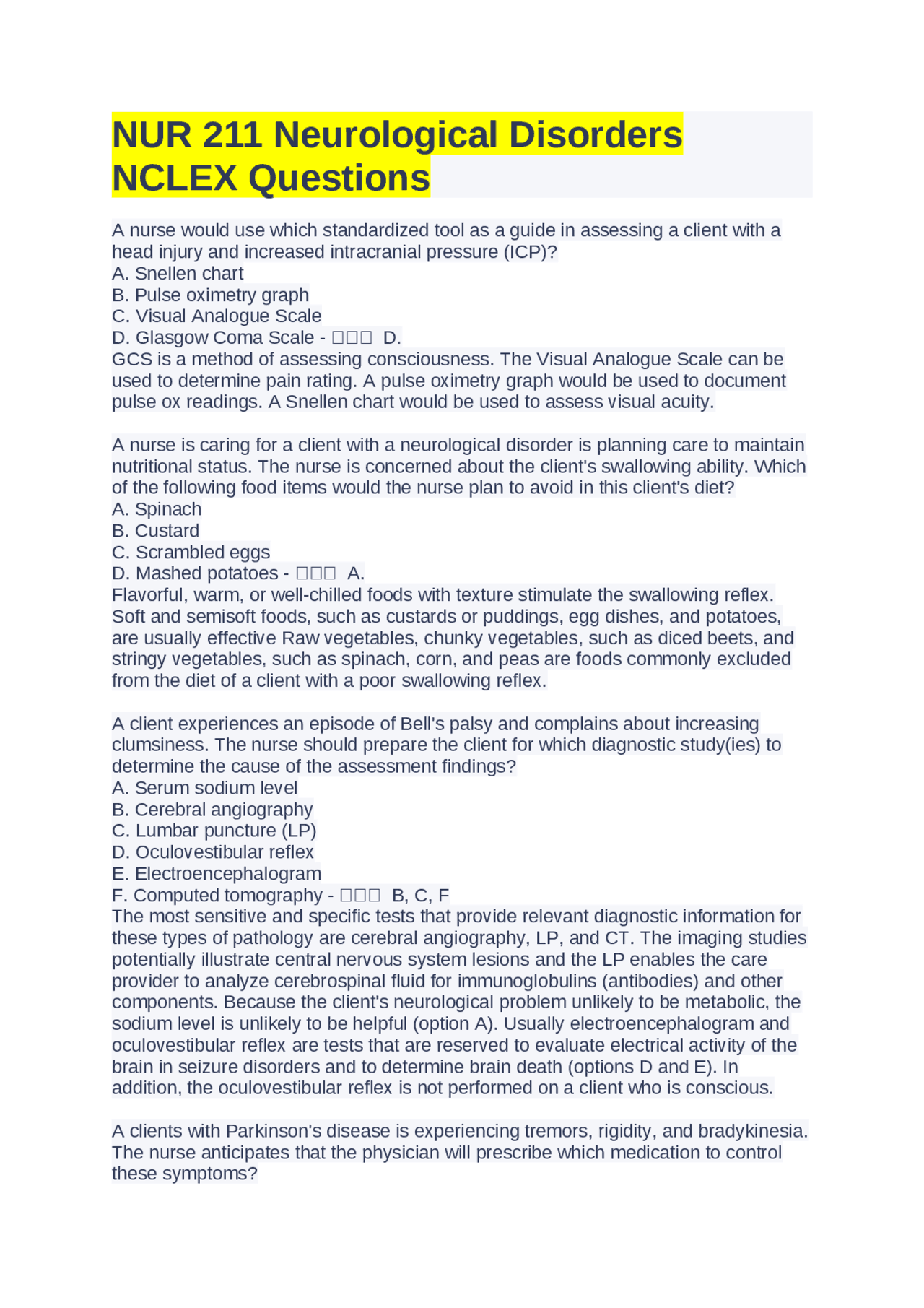 NUR 211 Neurological Disorders NCLEX Questions. | Exams Nursing | Docsity