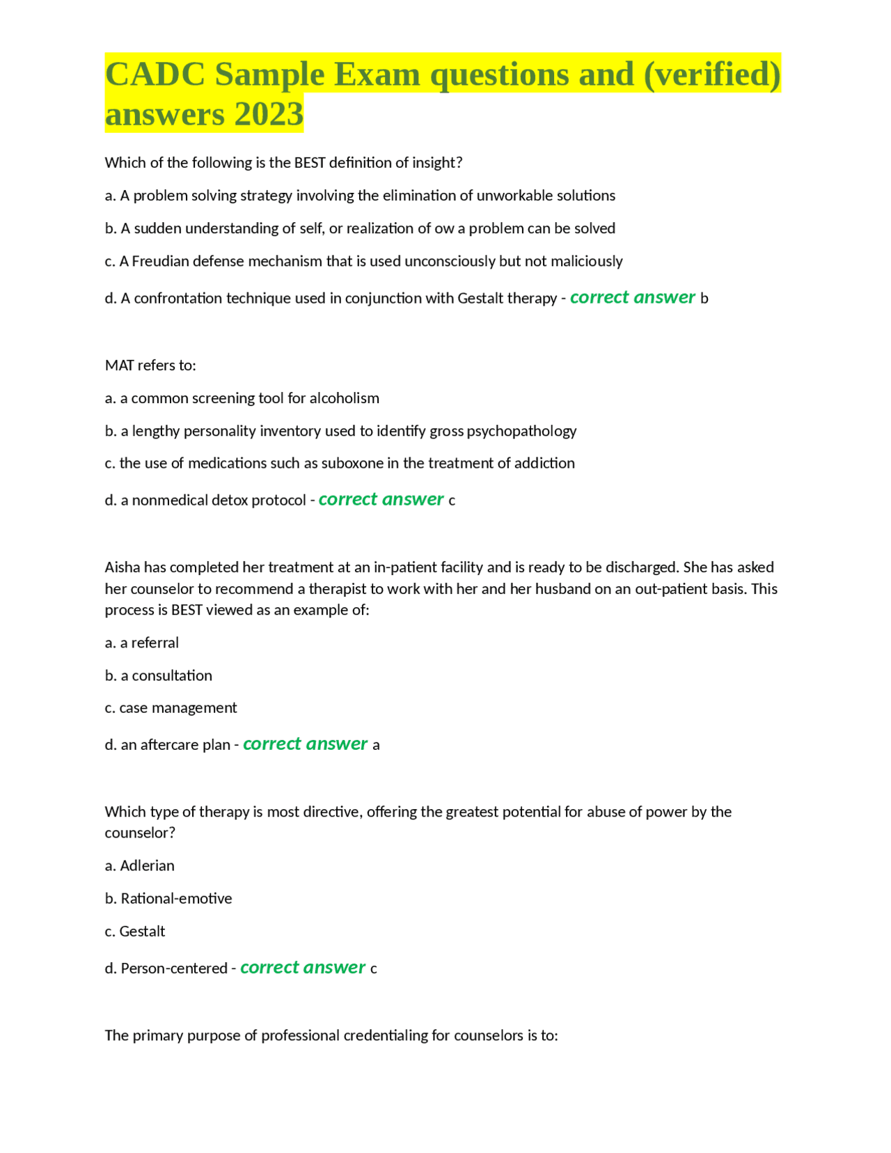 Cadc Sample Exam Questions And Verified Answers 2023 Exams Health