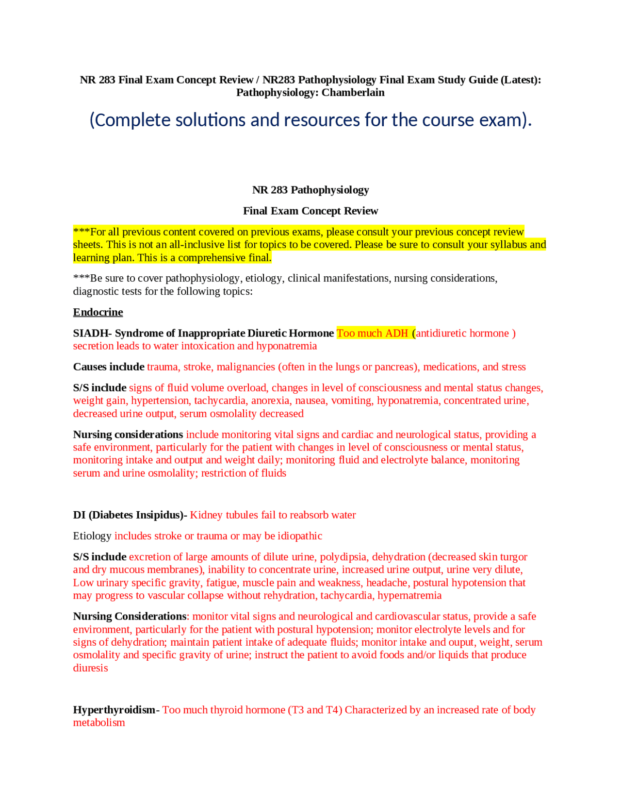 NR 283 Final Exam Concept Review / NR283 Pathophysiology Final Exam ...