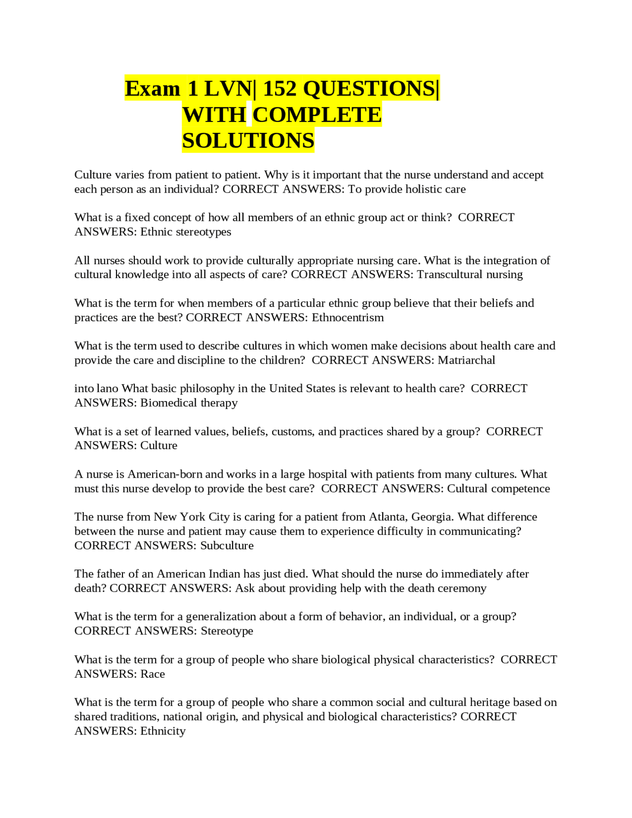 Exam 1 LVN| 152 QUESTIONS| WITH COMPLETE SOLUTIONS GRADED A+ 2023-2024 ...