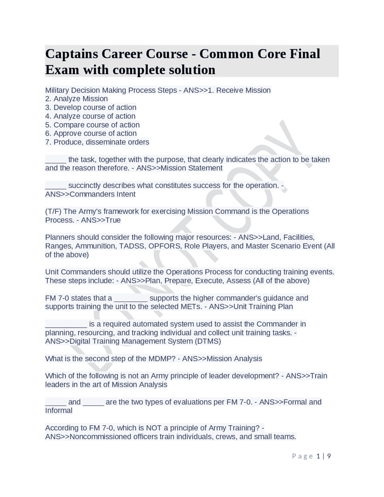 Captains Career Course Common Core Final Exam With Complete Solution Exams Socialization And