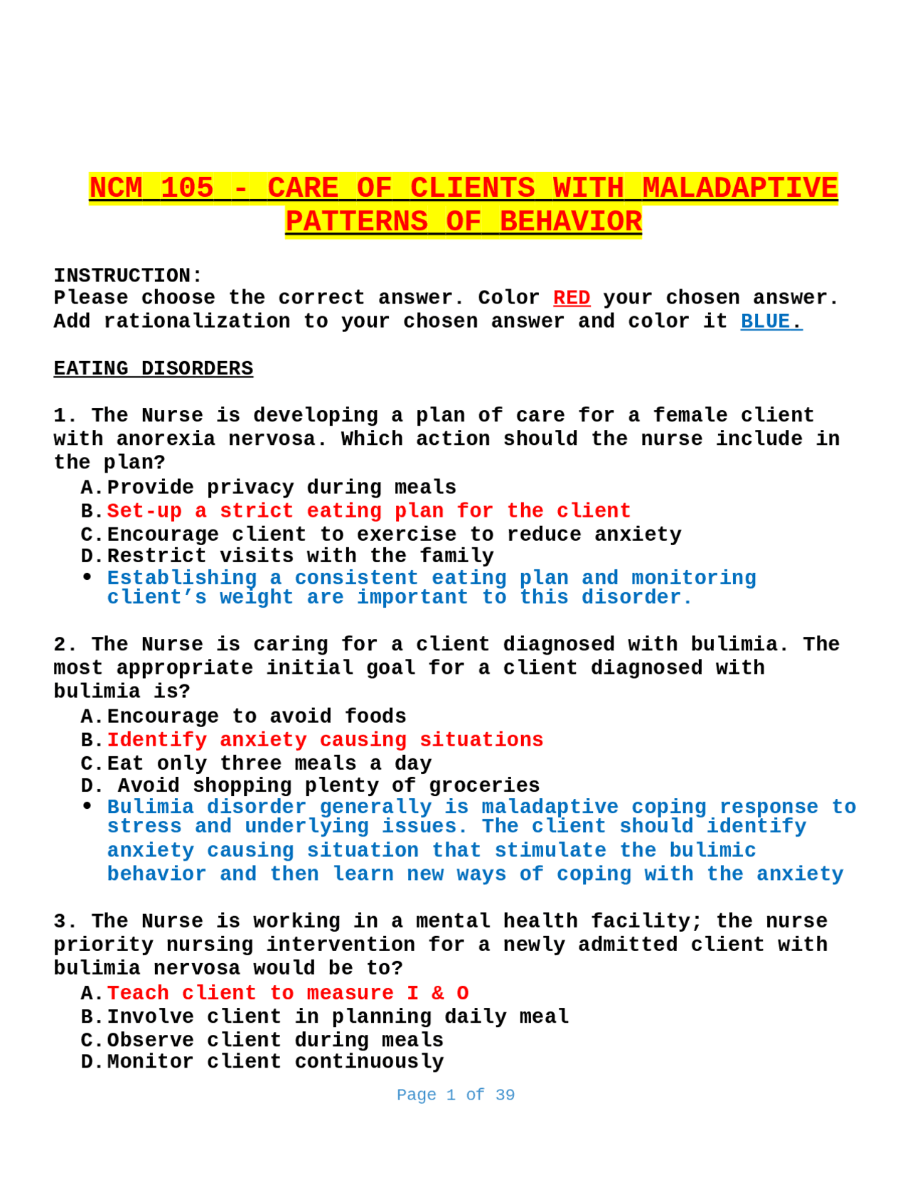 Ncm 105 Care Of Clients With Maladaptive Patterns Of Behavior Exams Nursing Docsity