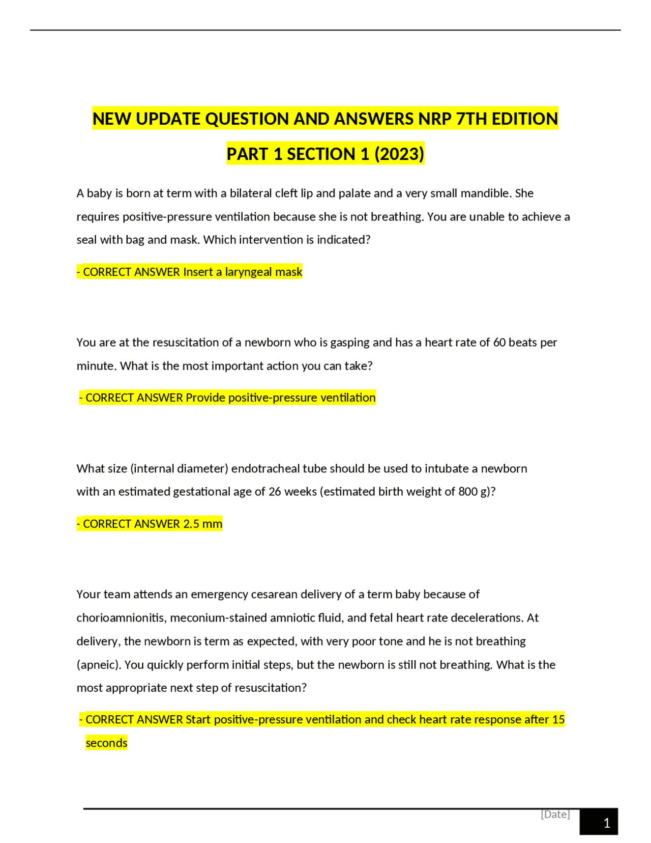 NEW UPDATE QUESTION AND ANSWERS NRP 7TH EDITION PART 1 SECTION 1 (2023 ...