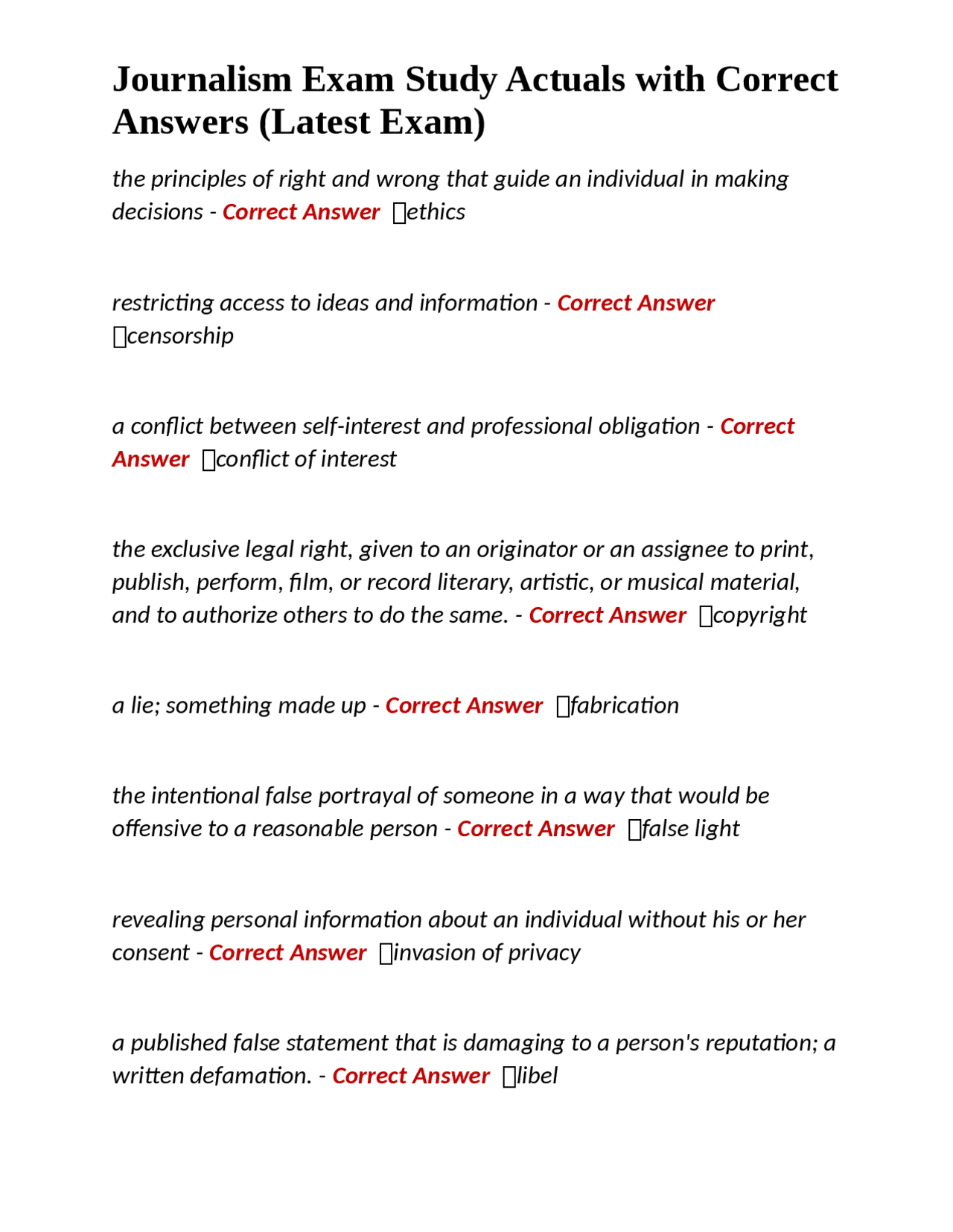 Journalism Exam Study Actuals with Correct Answers (Latest Exam ...
