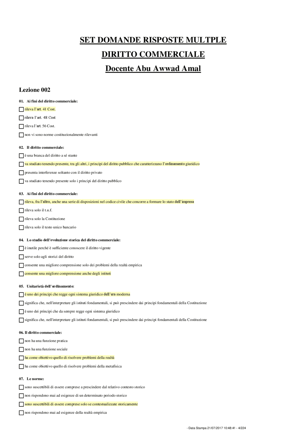 Paniere Diritto commerciale Docente Abu Awwad Amal (Risposte multiple) ECAMPUS | Prove d'esame ...