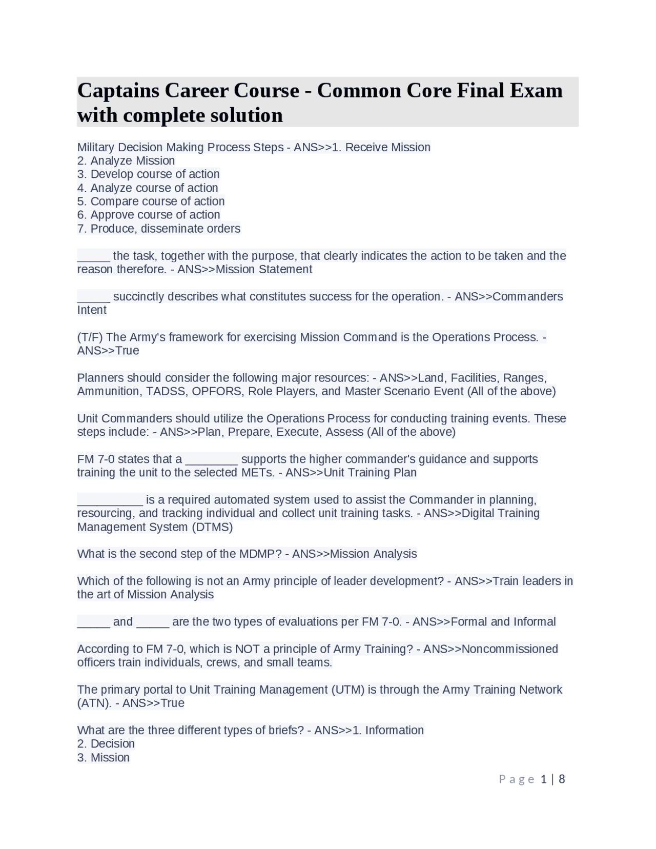 Captains Career Course Common Core Final Exam With Complete Solution Exams Socialization And