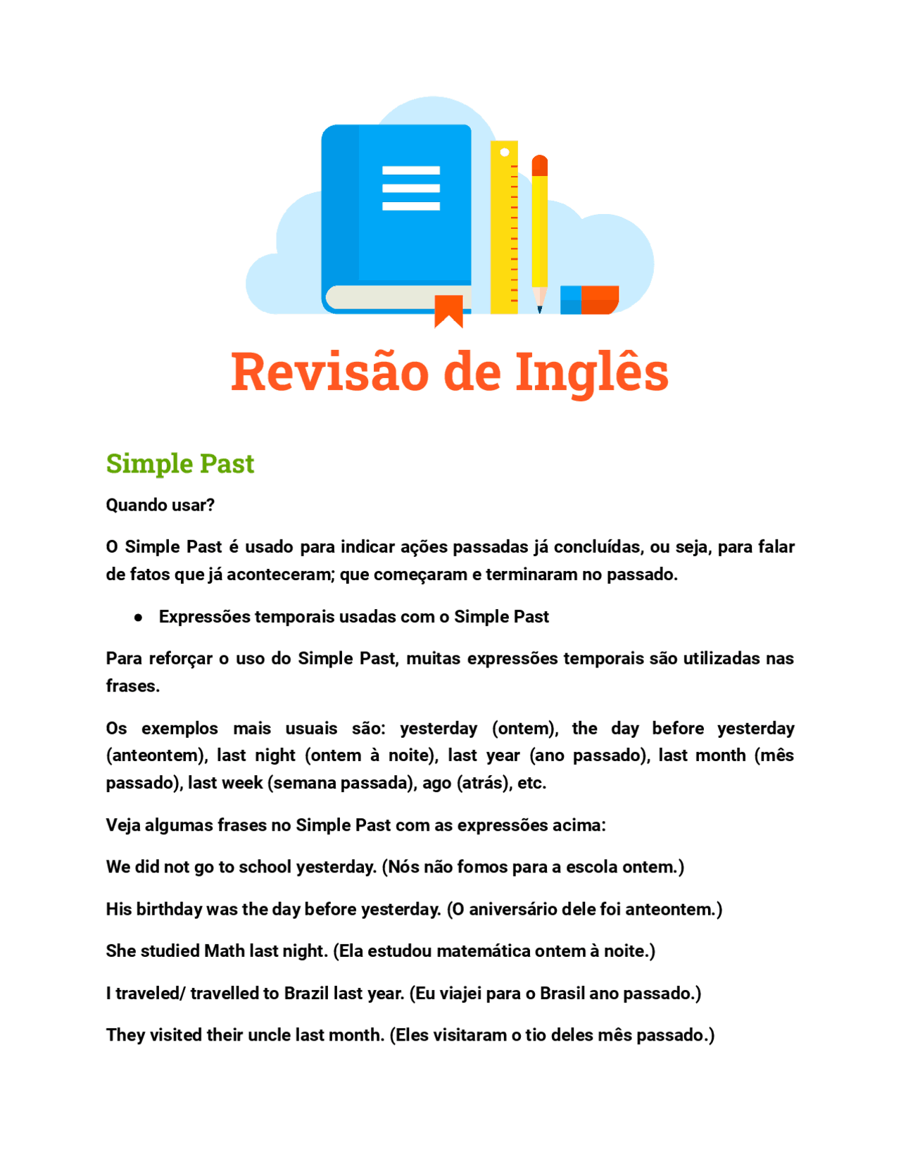 Simple Past - De forma Resumida | Resumos Inglês | Docsity
