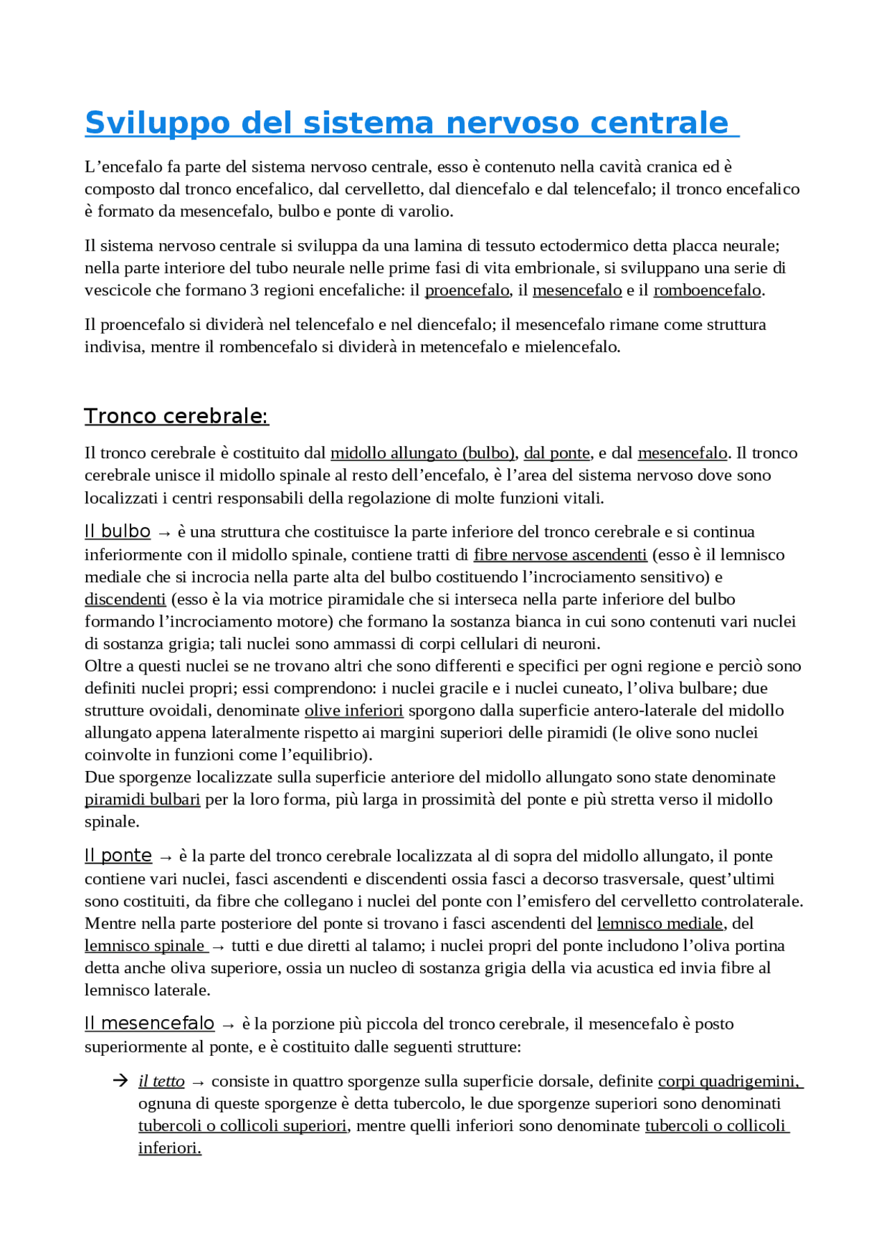 Sviluppo Del Sistema Nervoso Centrale Sbobinature Di Anatomia Docsity