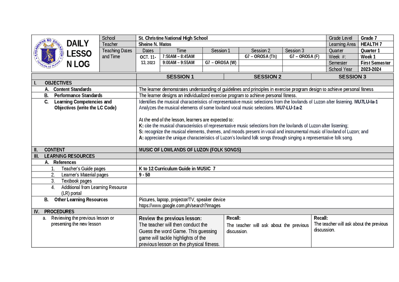 a sample format for Daily Lesson Log | Exercises Mathematics | Docsity